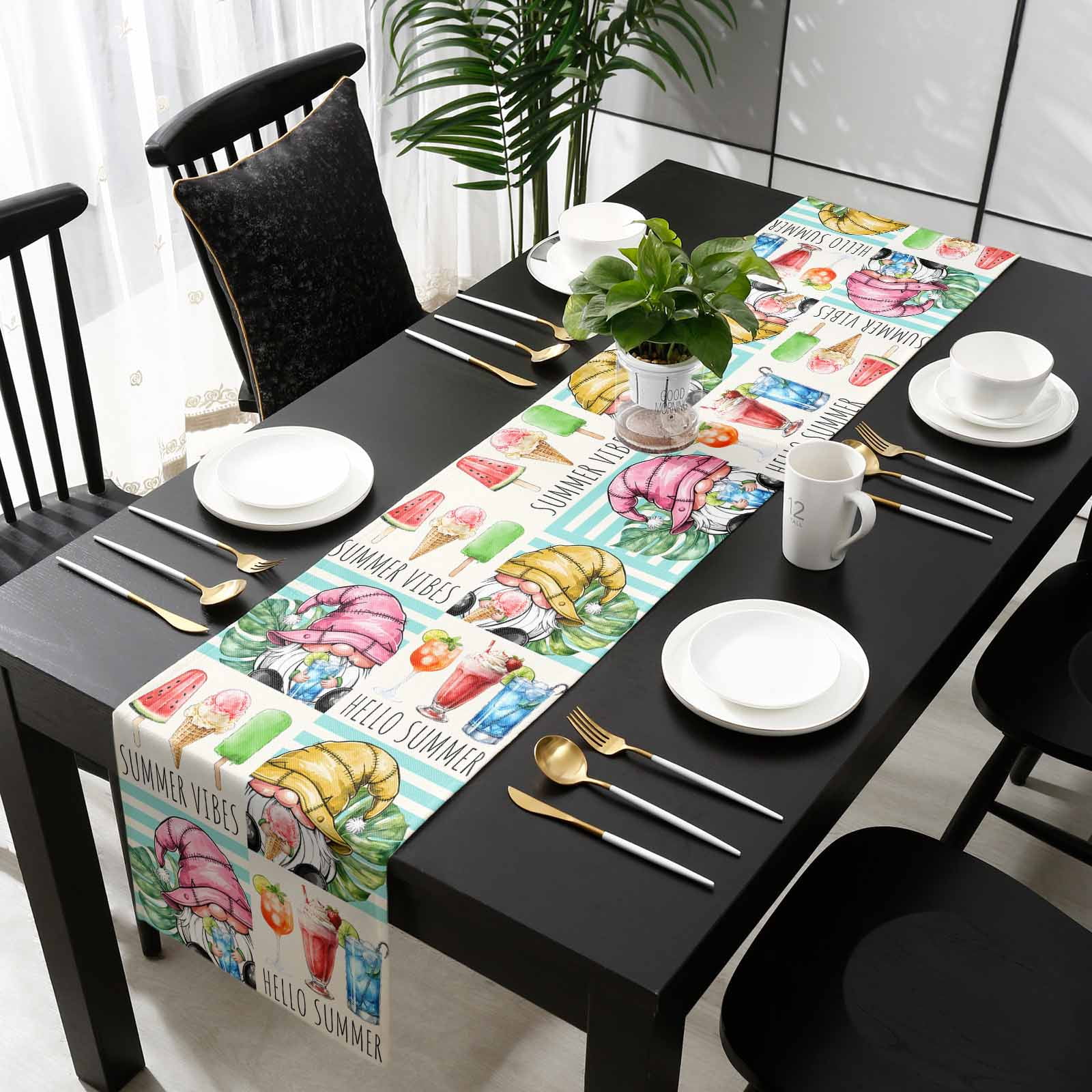 Summer Gnomes Cotton Linen Small Table Runner 13 x 36 inch Palm Leaves ...