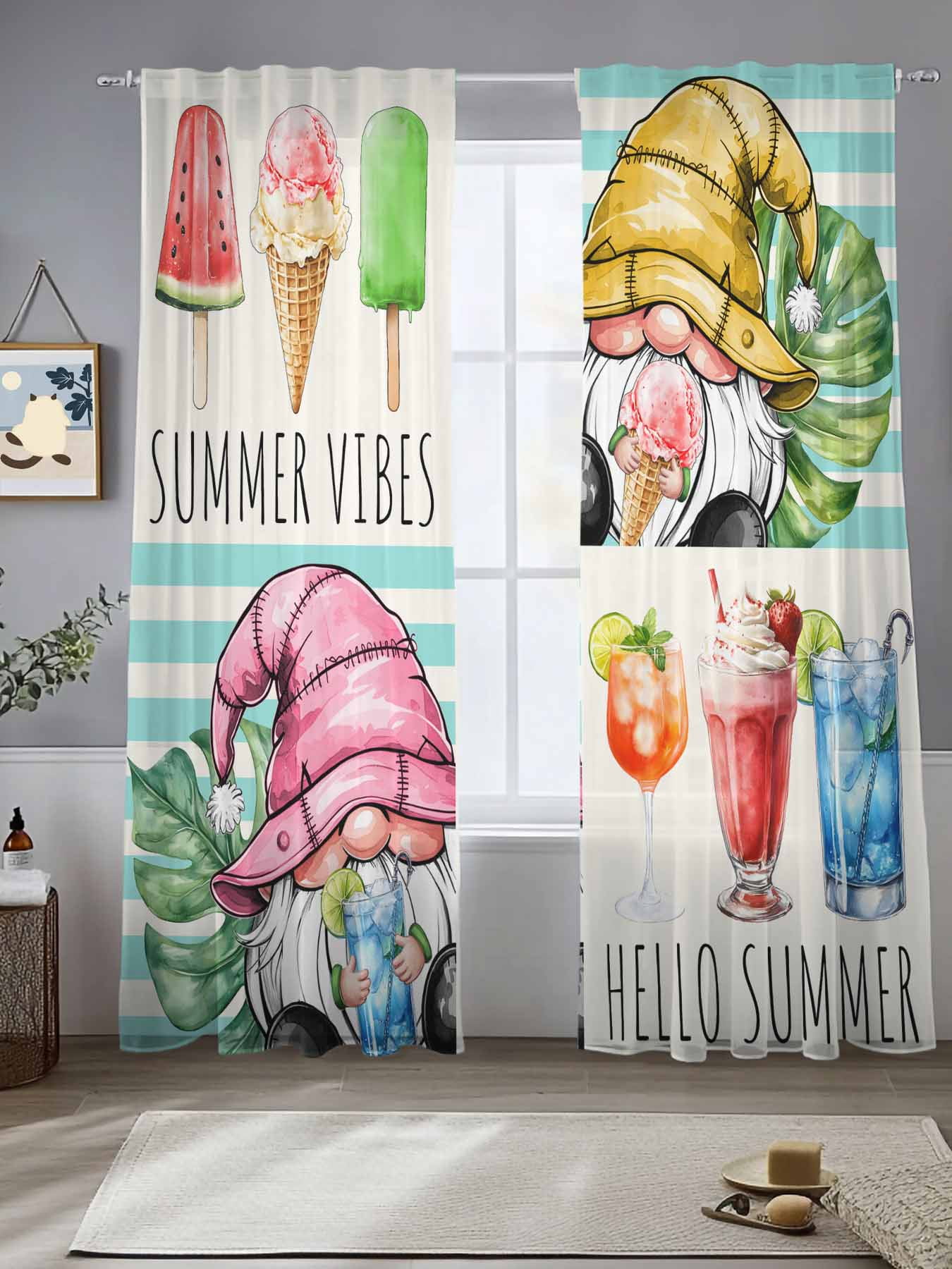 Summer Gnomes Sheer Curtains for Living Room Bedroom Palm Leaves Ice ...
