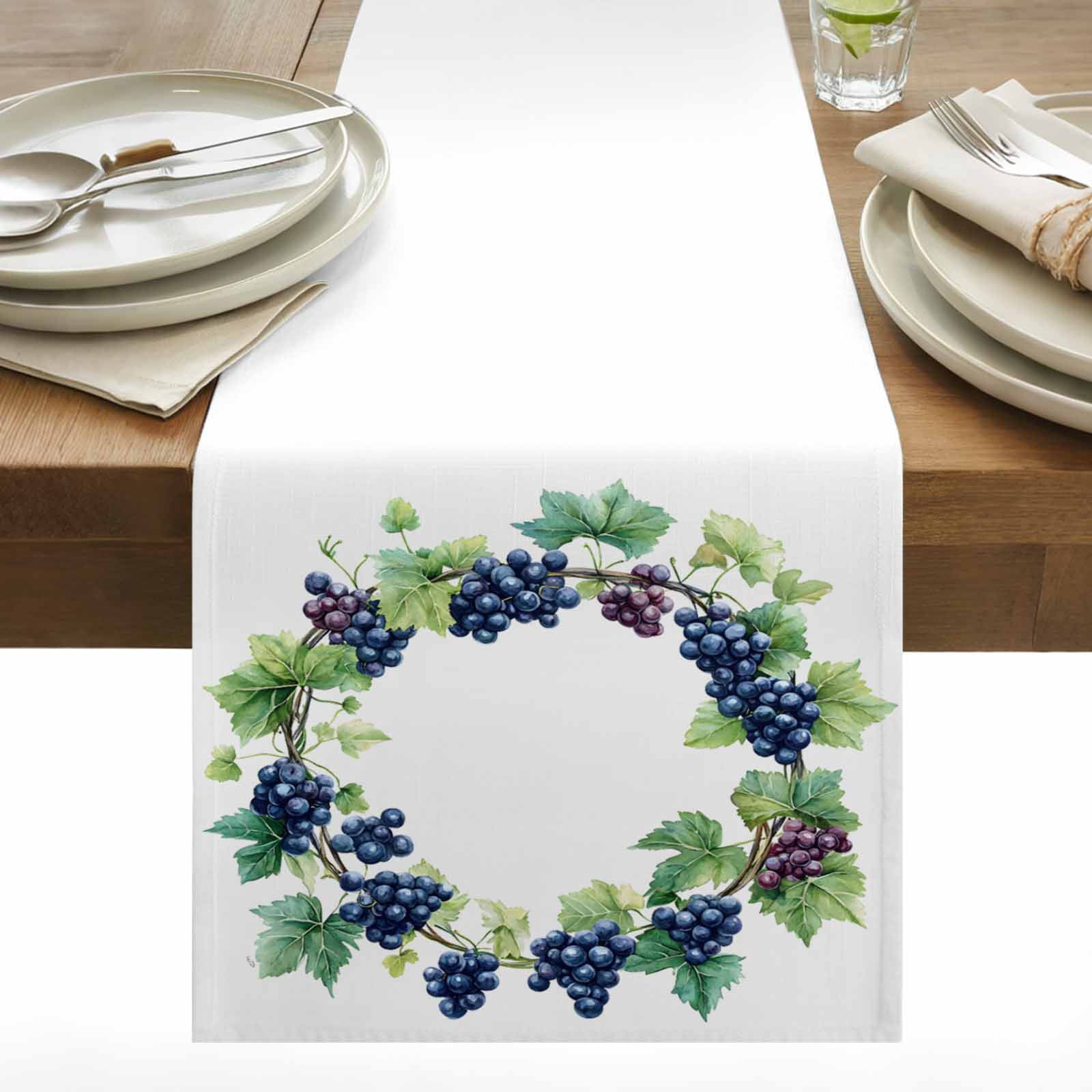 Summer Grapes Wreath Cotton Linen Table Runner Watercolor Purple Grapes ...