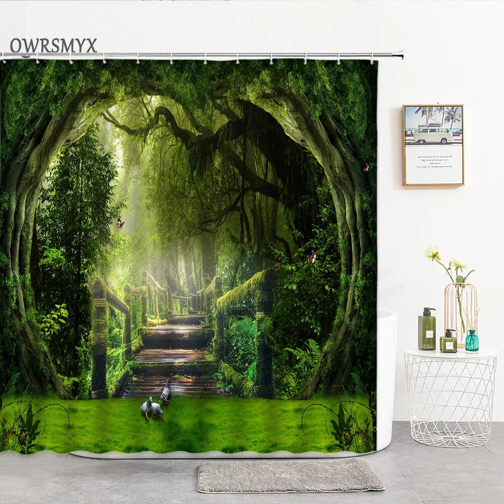 Summer Green Bamboo Forest Shower Curtain Plant Natural Scenery Bathroom Art Decor Curtain Bath ...