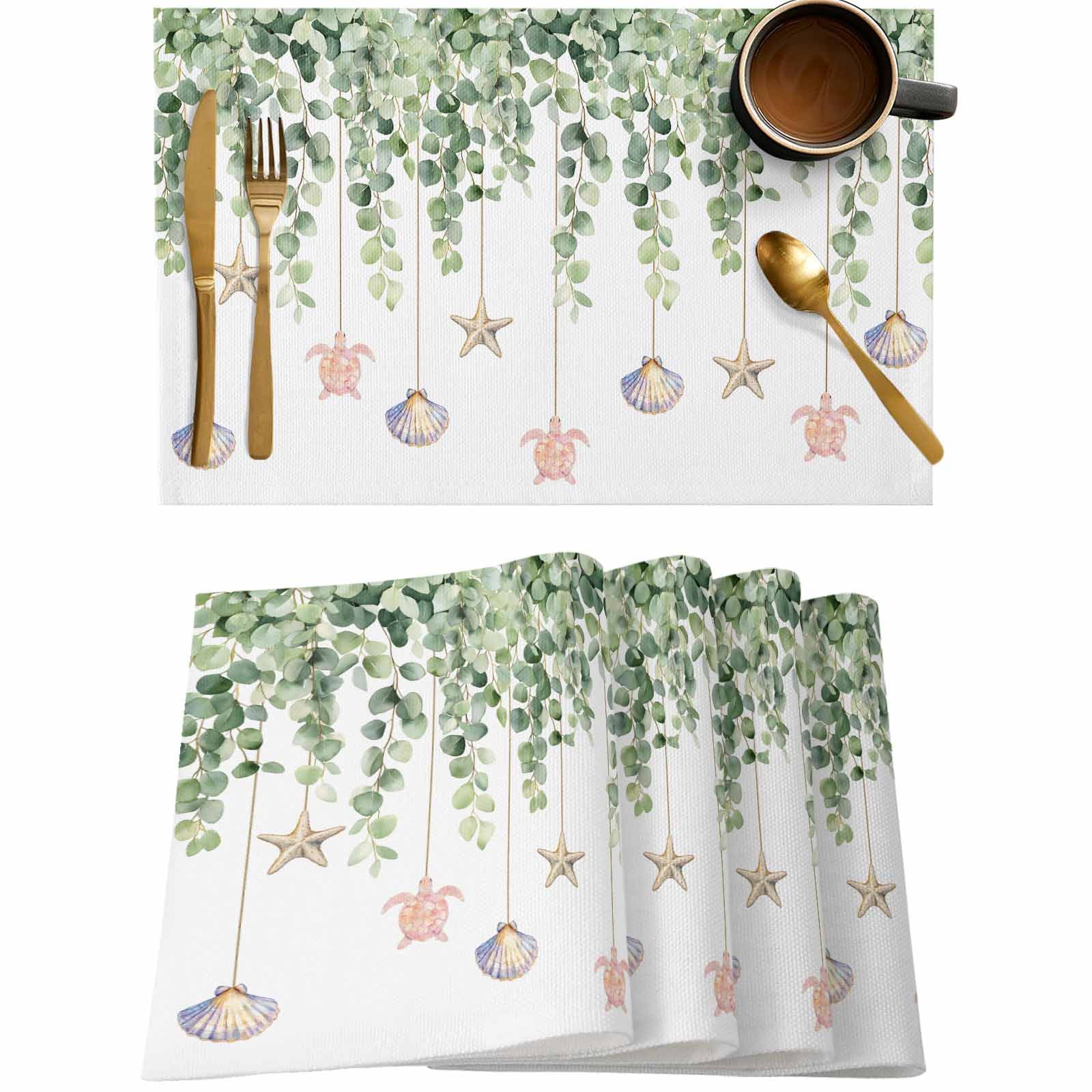 Summer Green Eucalyptus Leaves Sea Turtle Placemats Set of 4,Wipeable Washable Table Mats for ...