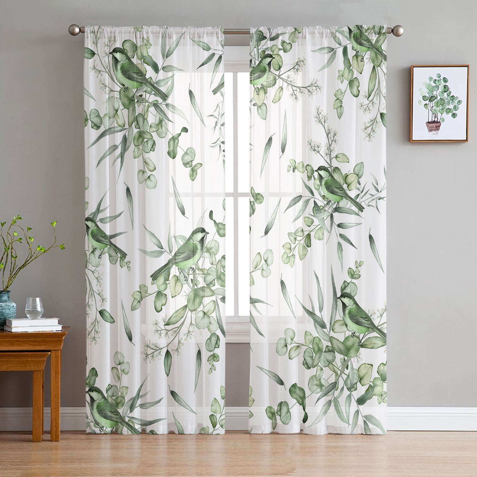 Summer Green Leaves Bird Watercolor Tulle Curtains for Living Room ...