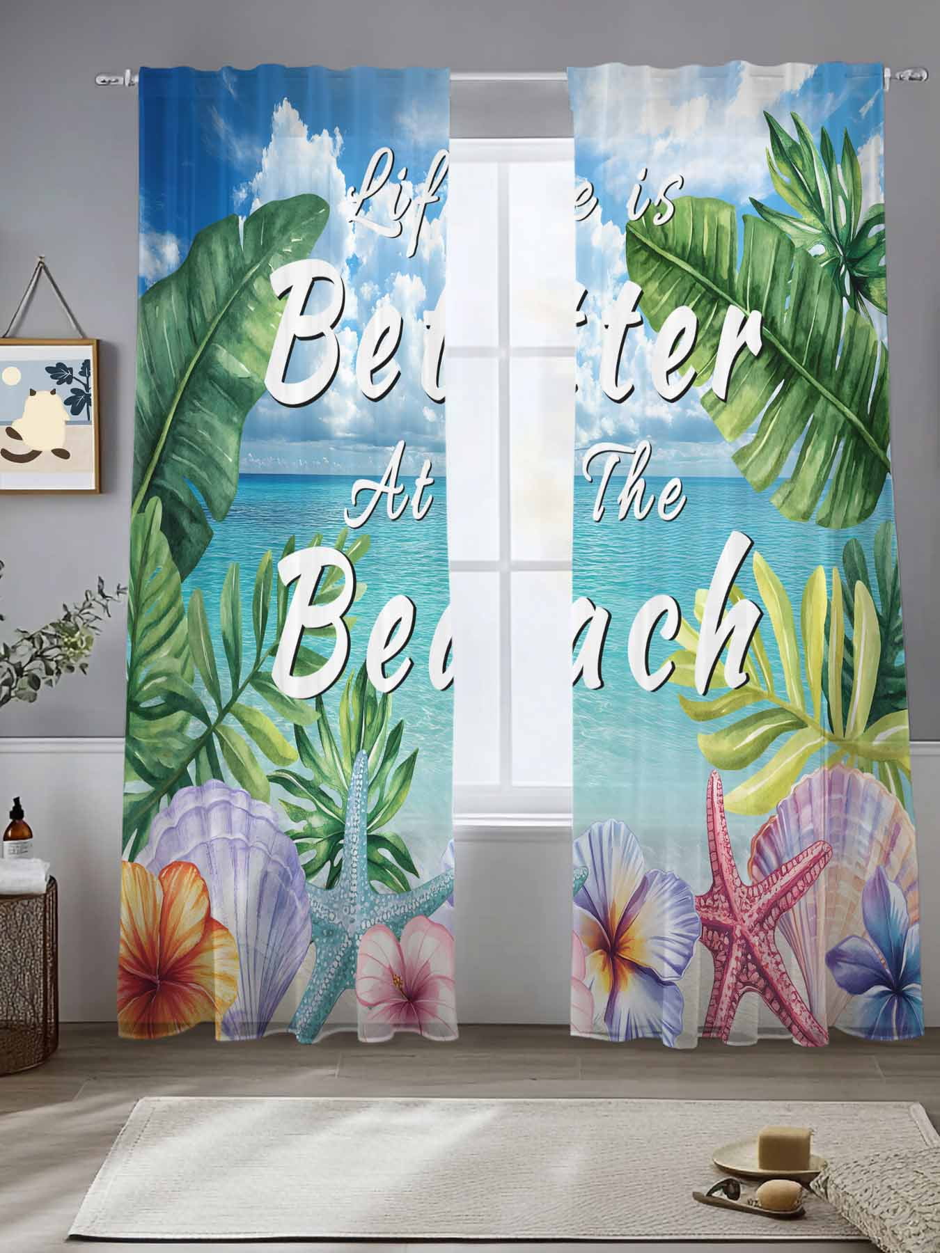 Summer Green Palm Leaf Sheer Curtains for Living Room Bedroom Blue ...