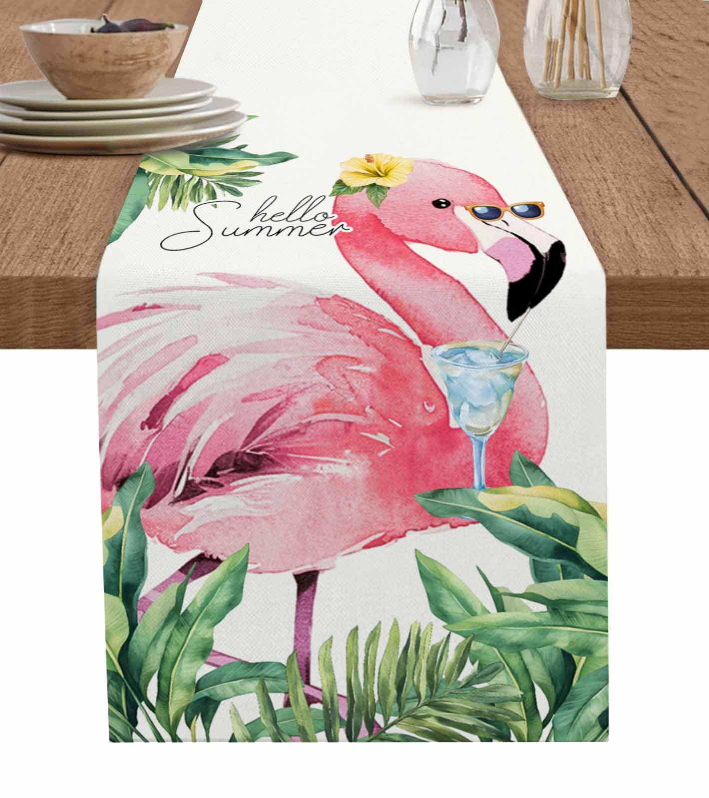 Summer Green Palm Leaf Table Runner 72 Inches, Pink Flamingo Tropical ...