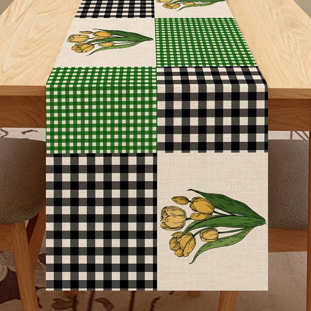 Summer Green White Buffalo Plaid Check Tulip Flower Table Runner Floral ...