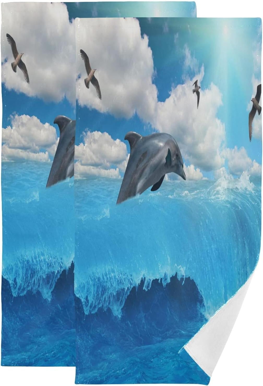 Summer Grey Dolphin Seagull Hand Towels 2 PCS, Blues Ocean Water ...