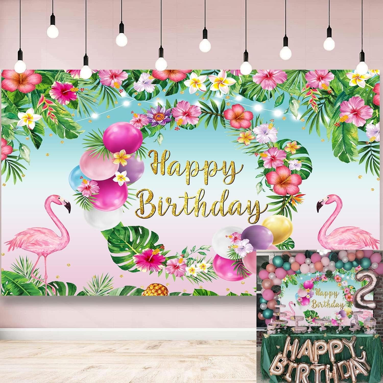 Summer Happy Birthday Backdrop Tropical Hawaiian Flamingo Flowers Palm ...