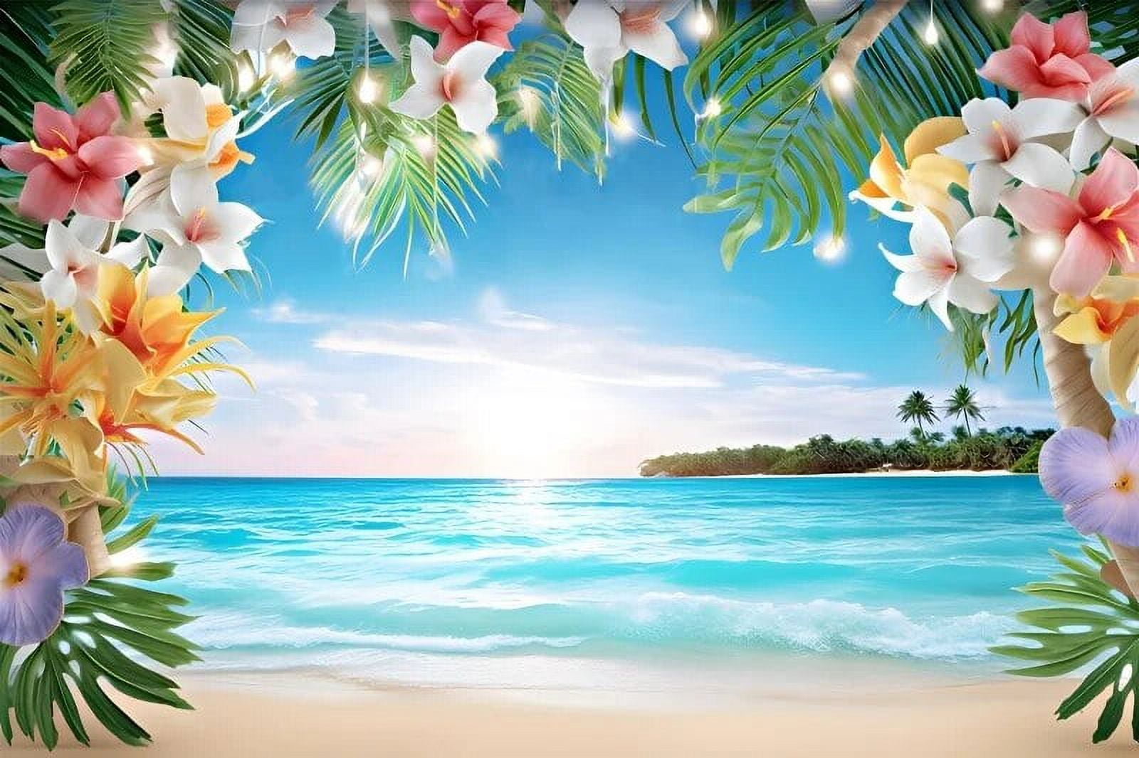 Summer Hawaiian Beach Backdrop Sky Ocean Tropical Flower Palm Leaves ...