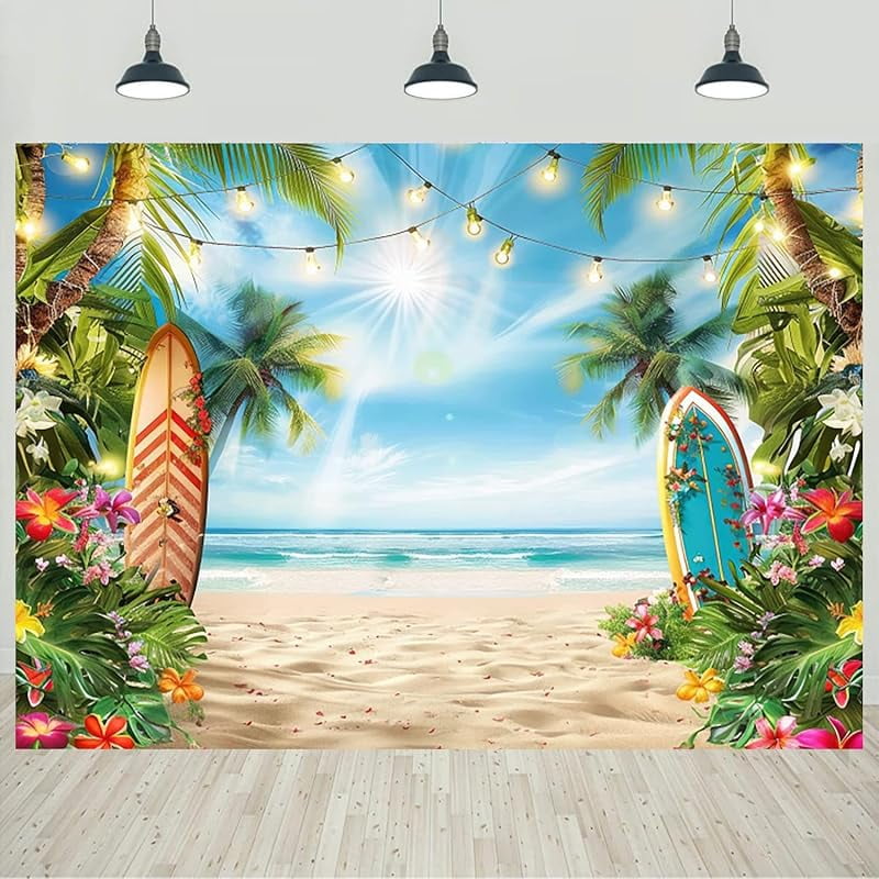 Summer Hawaiian Beach Backdrop Tropical Beach Palm Leaves Trees Floral ...