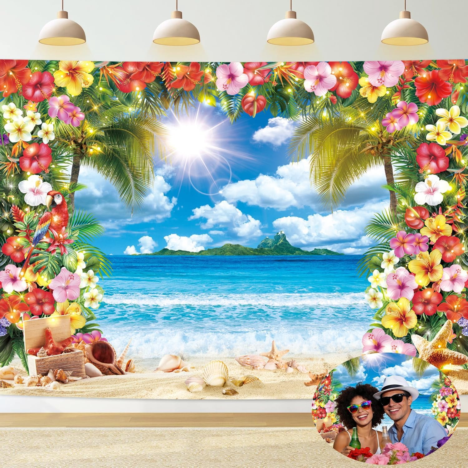 Summer Hawaiian Beach Backdrop Tropical Flowers Palm Leaves Summer ...