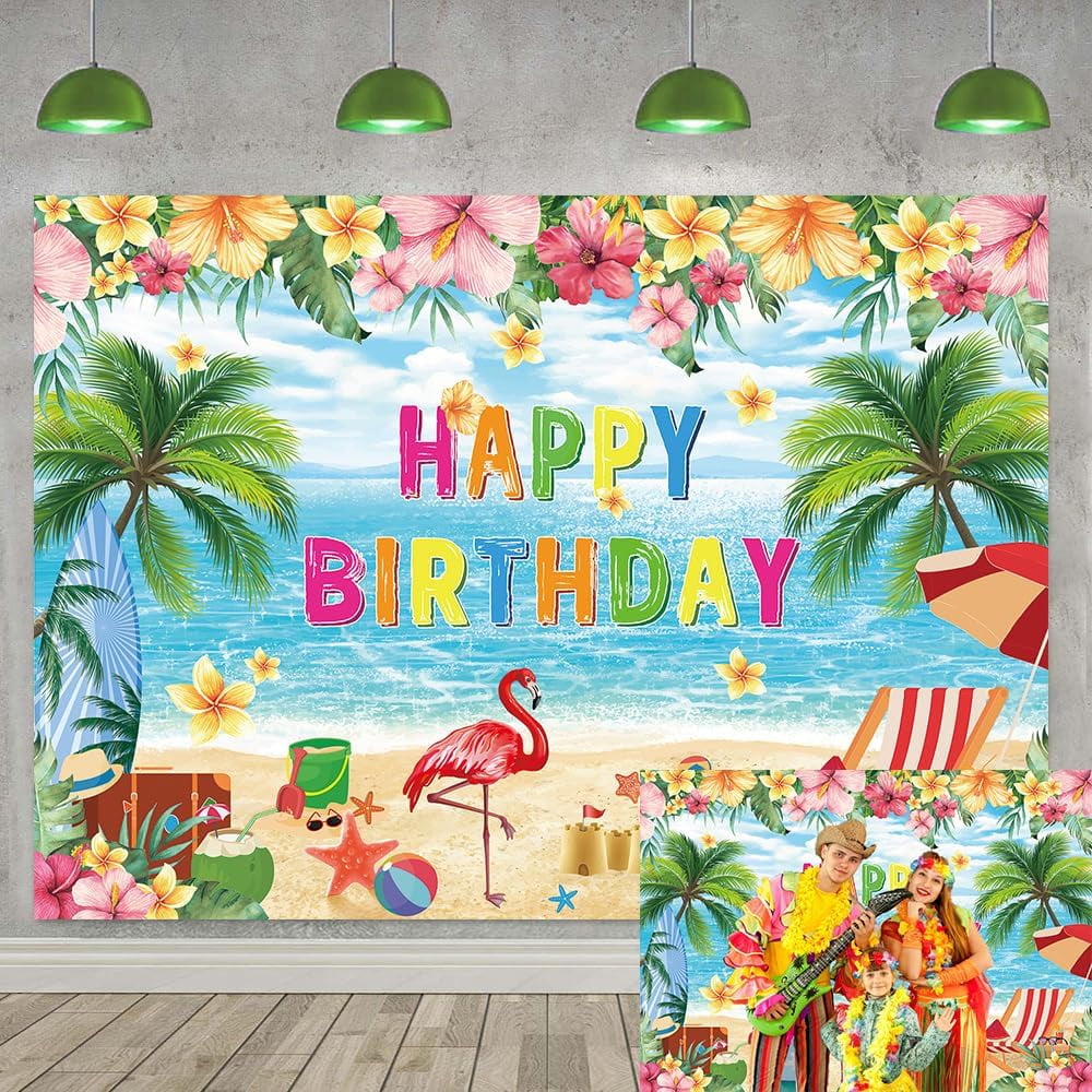 Summer Hawaiian Birthday Backdrop Tropical Beach Flamingo Ocean ...