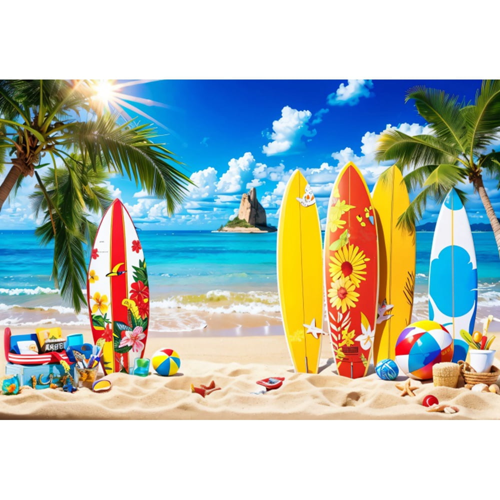 Summer Hawaiian Tropical Beach Backdrop Aloha Seaside Ocean Surfboard ...