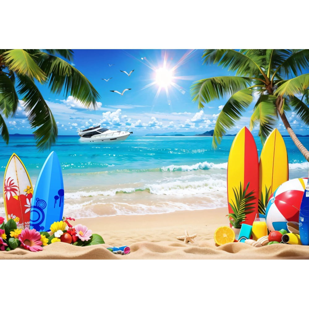Summer Hawaiian Tropical Beach Backdrop Aloha Seaside Ocean Surfboard ...