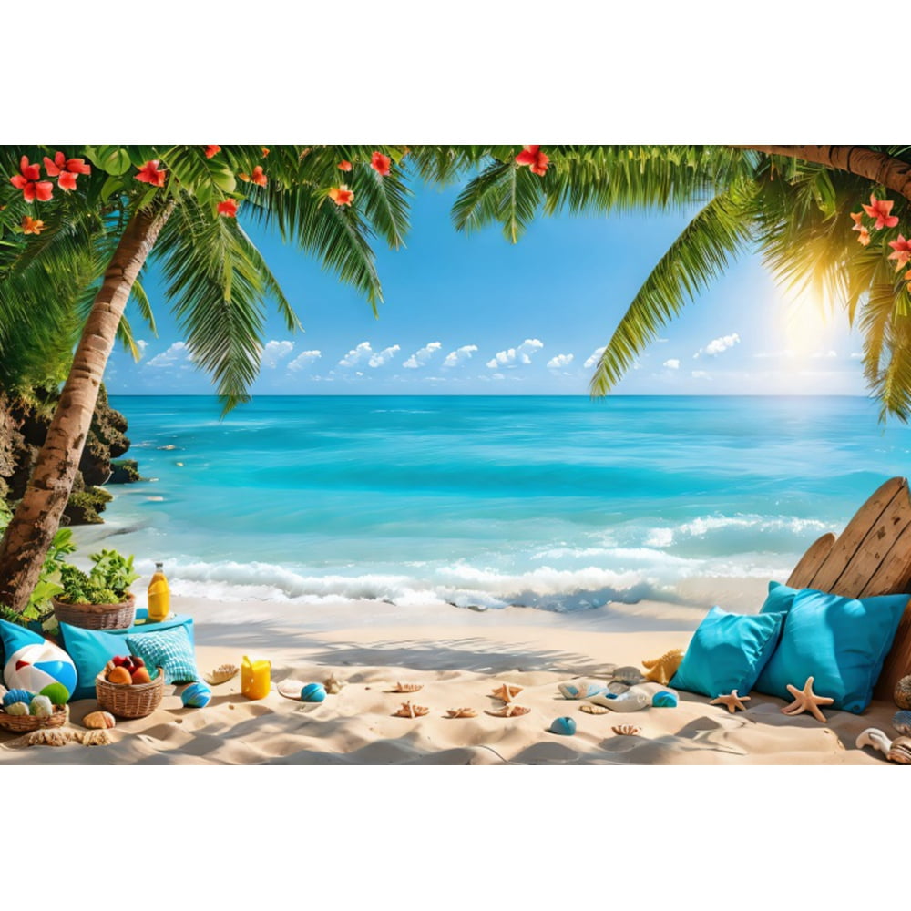 Summer Hawaiian Tropical Beach Backdrop Aloha Seaside Ocean Surfboard ...