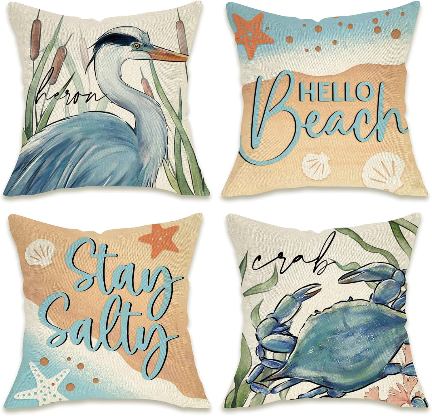Summer Hello Beach Decorative Throw Pillow Covers 18 x 18 Set of 4 ...