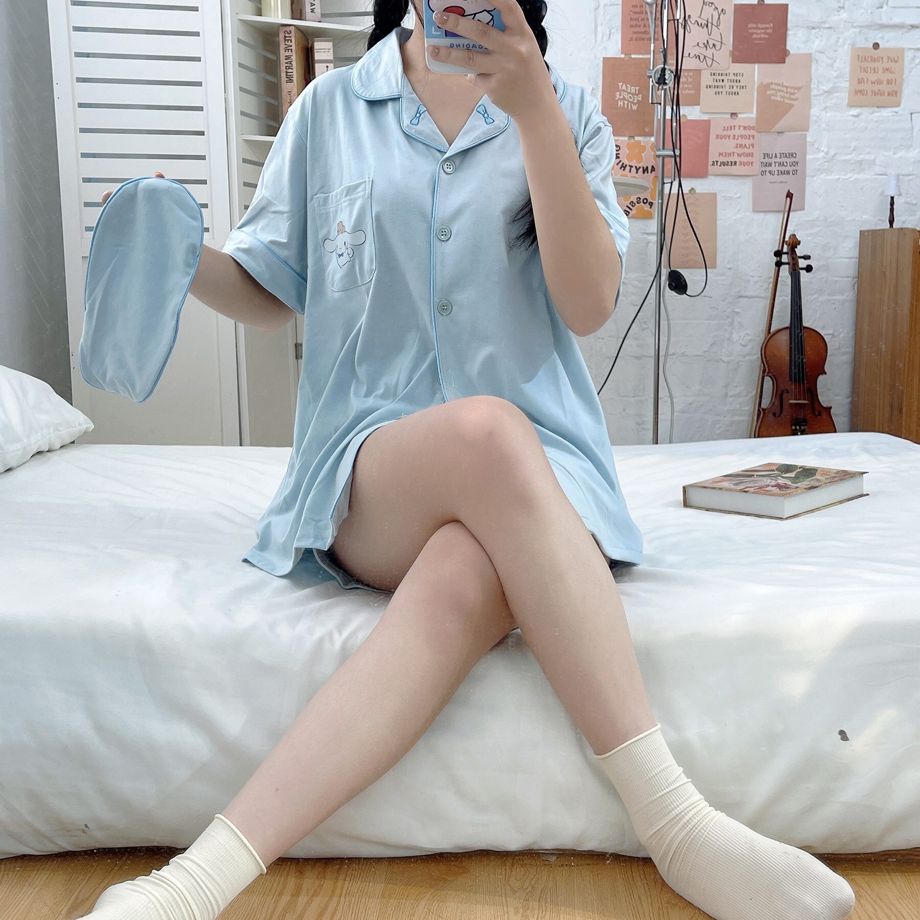 Summer Hello Kitty Kuromi Same Yellow Pom Pom Purin Pajama Women Cotton Shorts Sleeve Set Cute ...