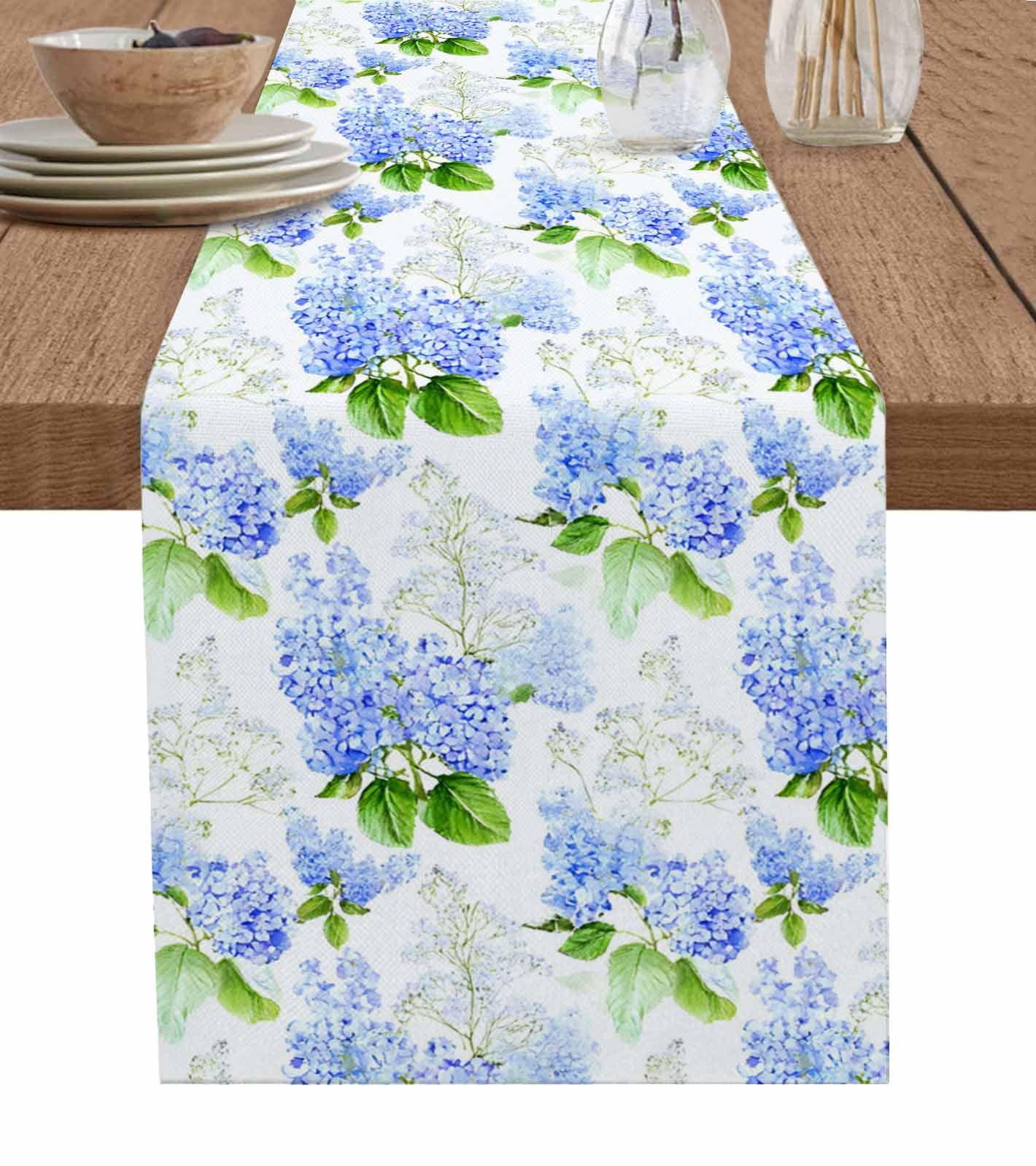 Summer Hydrangeas Table Runner 72 Inches, White Blue Flowers Pastoral ...