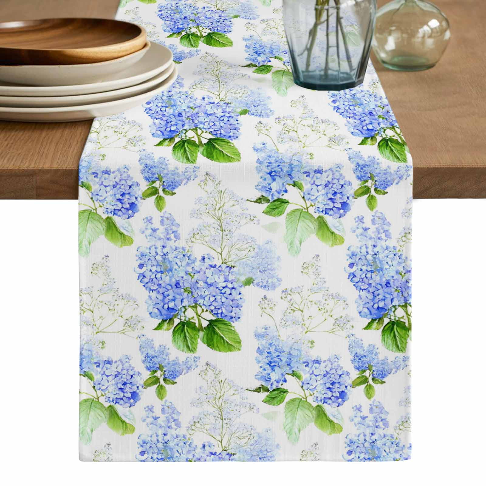 Summer Hydrangeas Table Runner, White Blue Flowers Pastoral Leaves ...