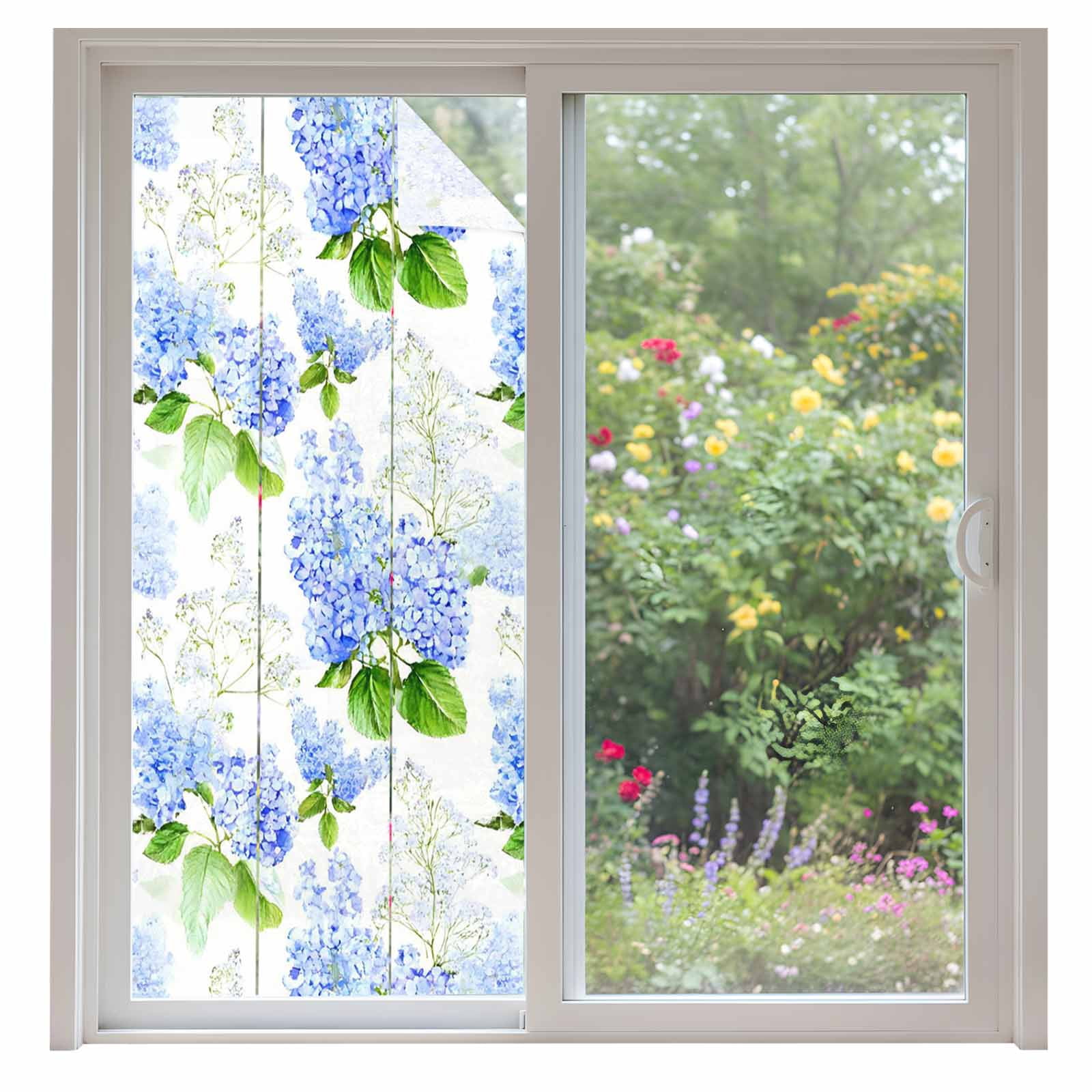 Summer Hydrangeas Window Privacy Film, White Blue Flowers Pastoral ...