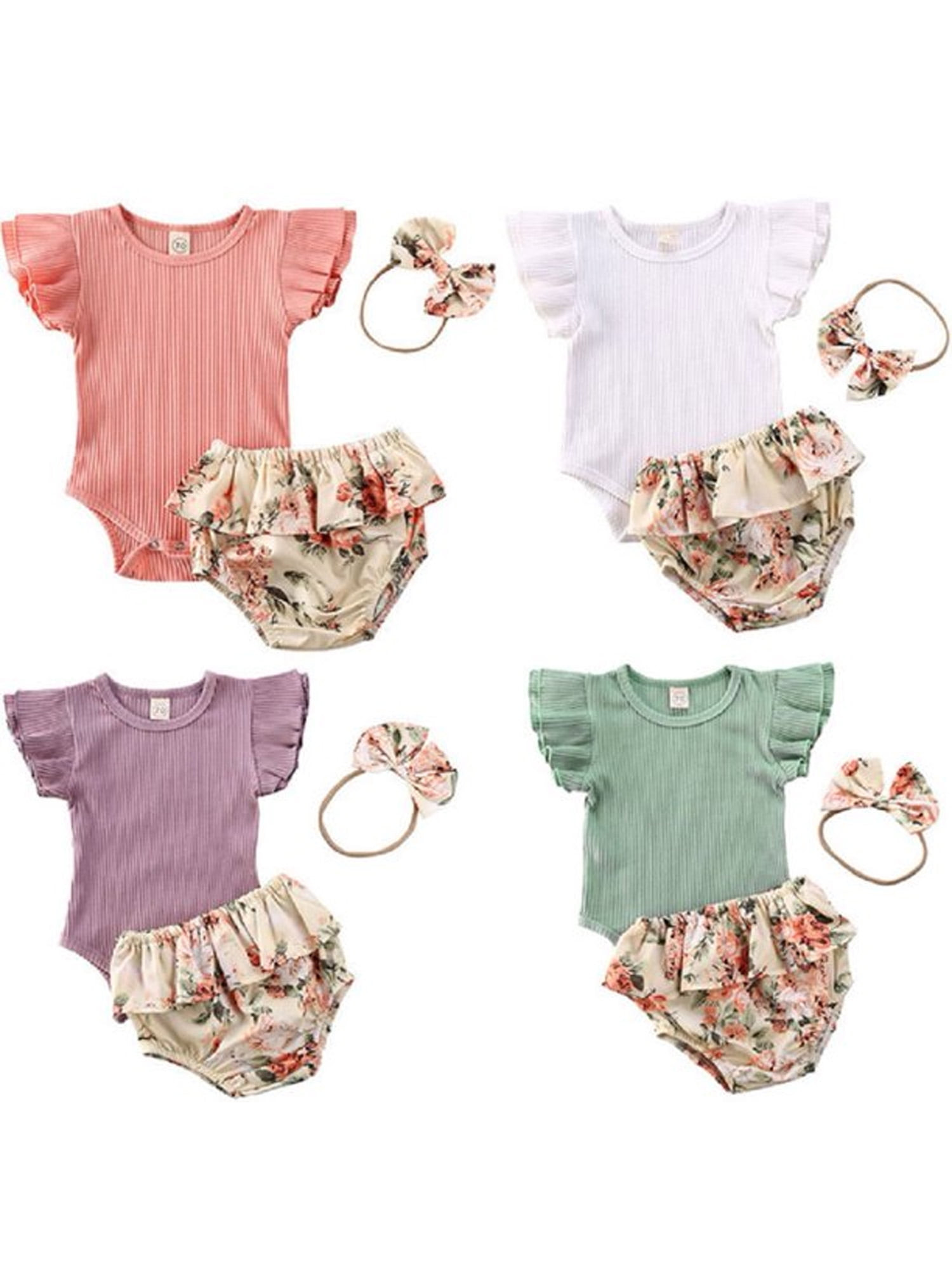 Summer Infant Baby Girls Fly Sleeve Ruffles Ribbed Knitted Rompers ...