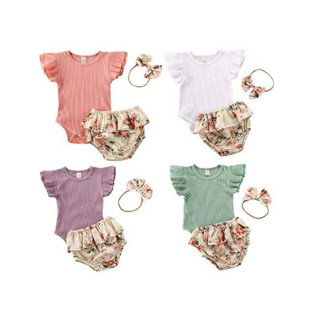 Summer Infant Baby Girls Fly Sleeve Ruffles Ribbed Knitted Rompers ...