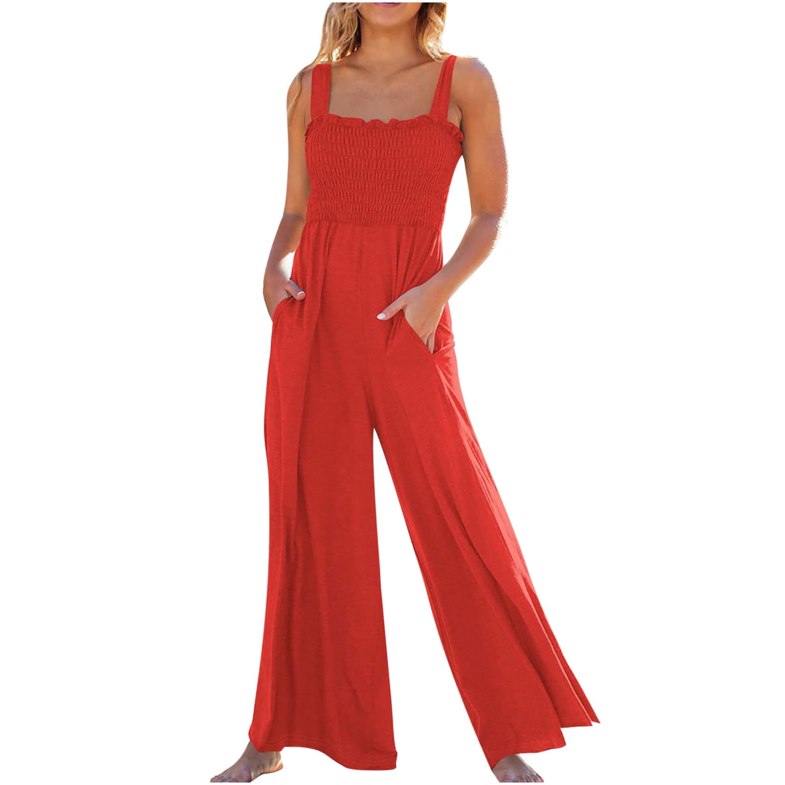 Summer Jumpsuits for Women Sleeveless Square Collar Smocked Rompers ...