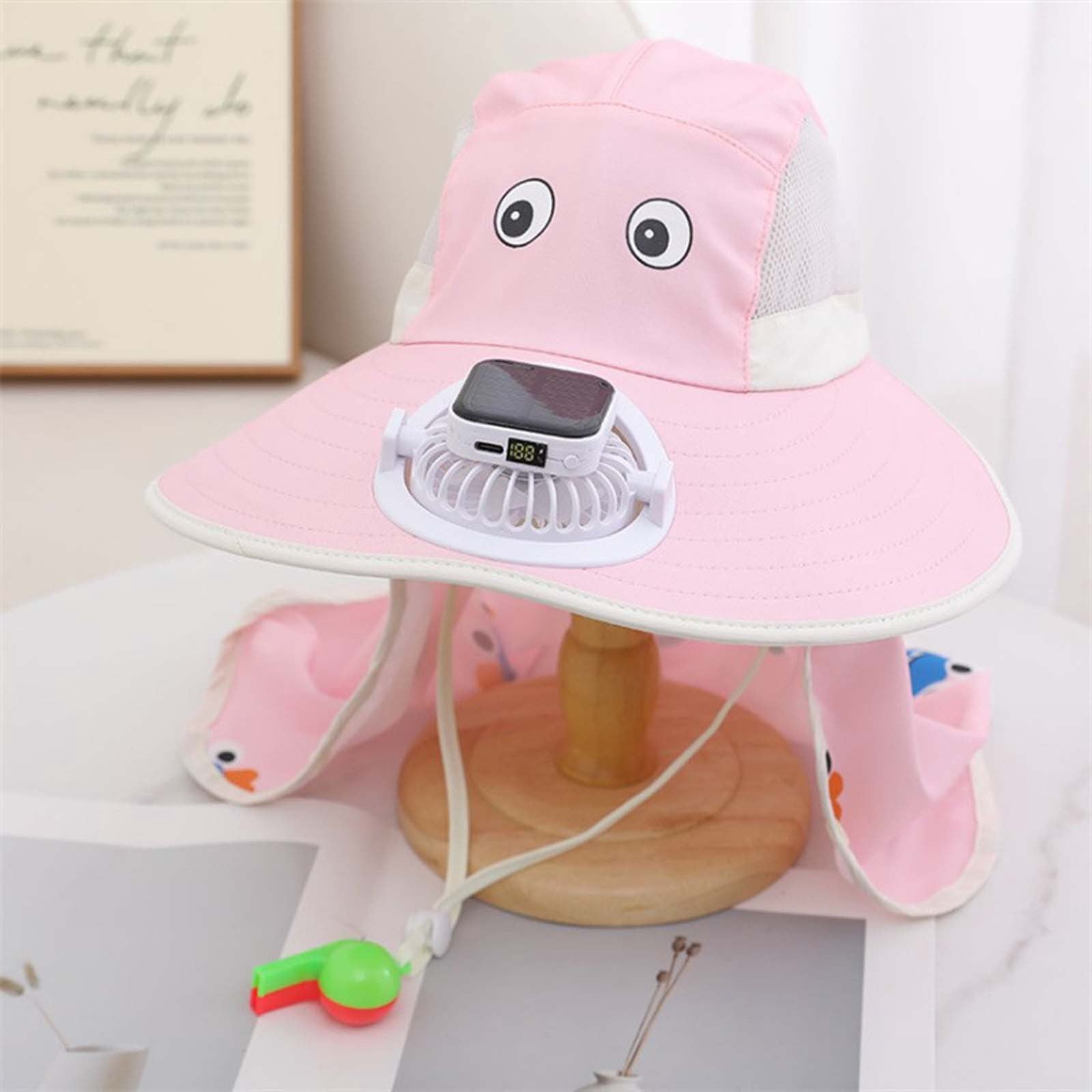 Summer Kids Solar Fan Fisherman Sun Hat, Large Brim UV Shawl, Built-in ...