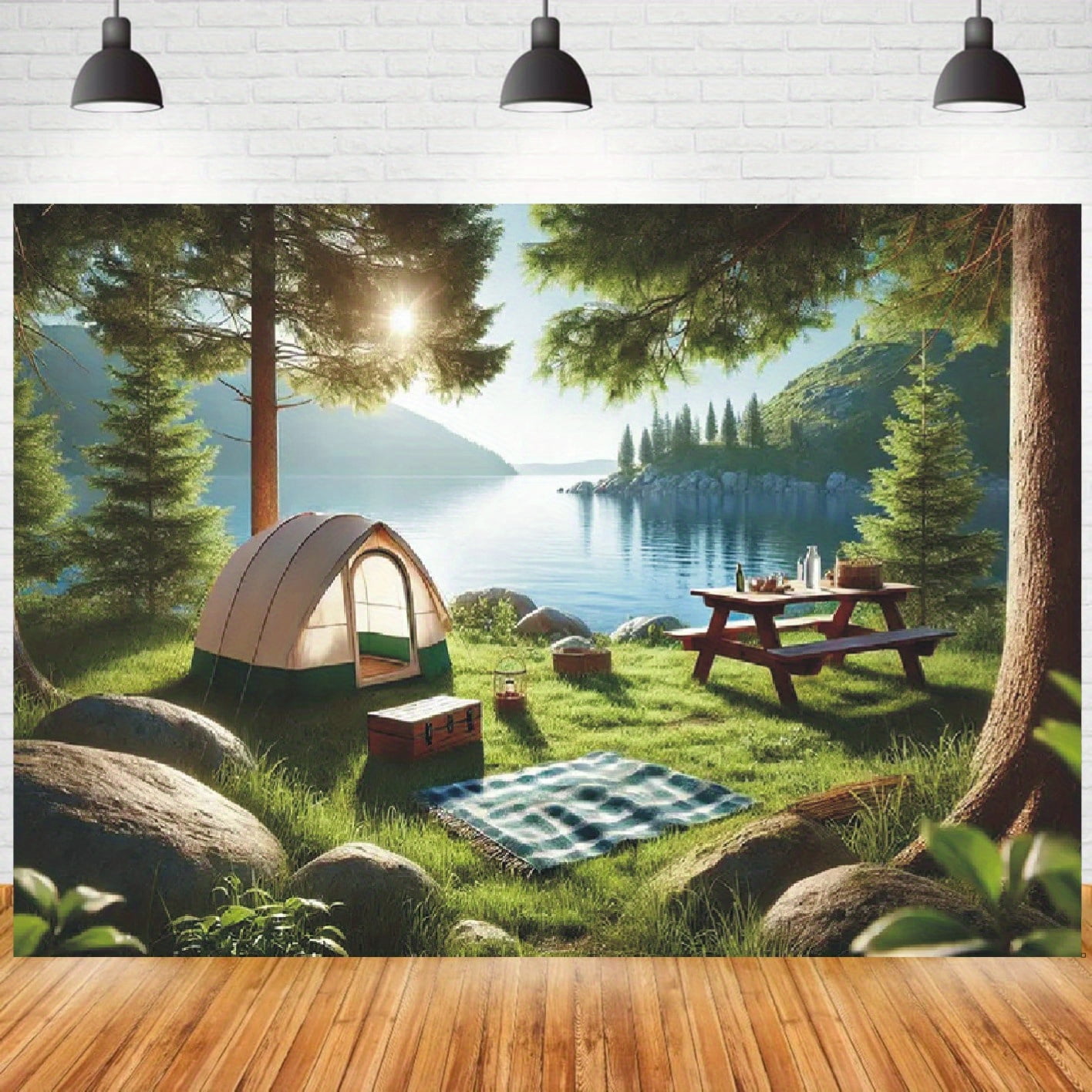 Summer Lake Camping Scenery Backdrop Mountain Lakeside Picnic Tent ...