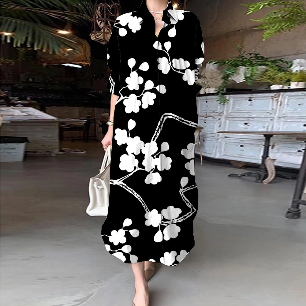 Summer Lapel Single-Breasted Shirt Dress Women Temperament Floral Print ...