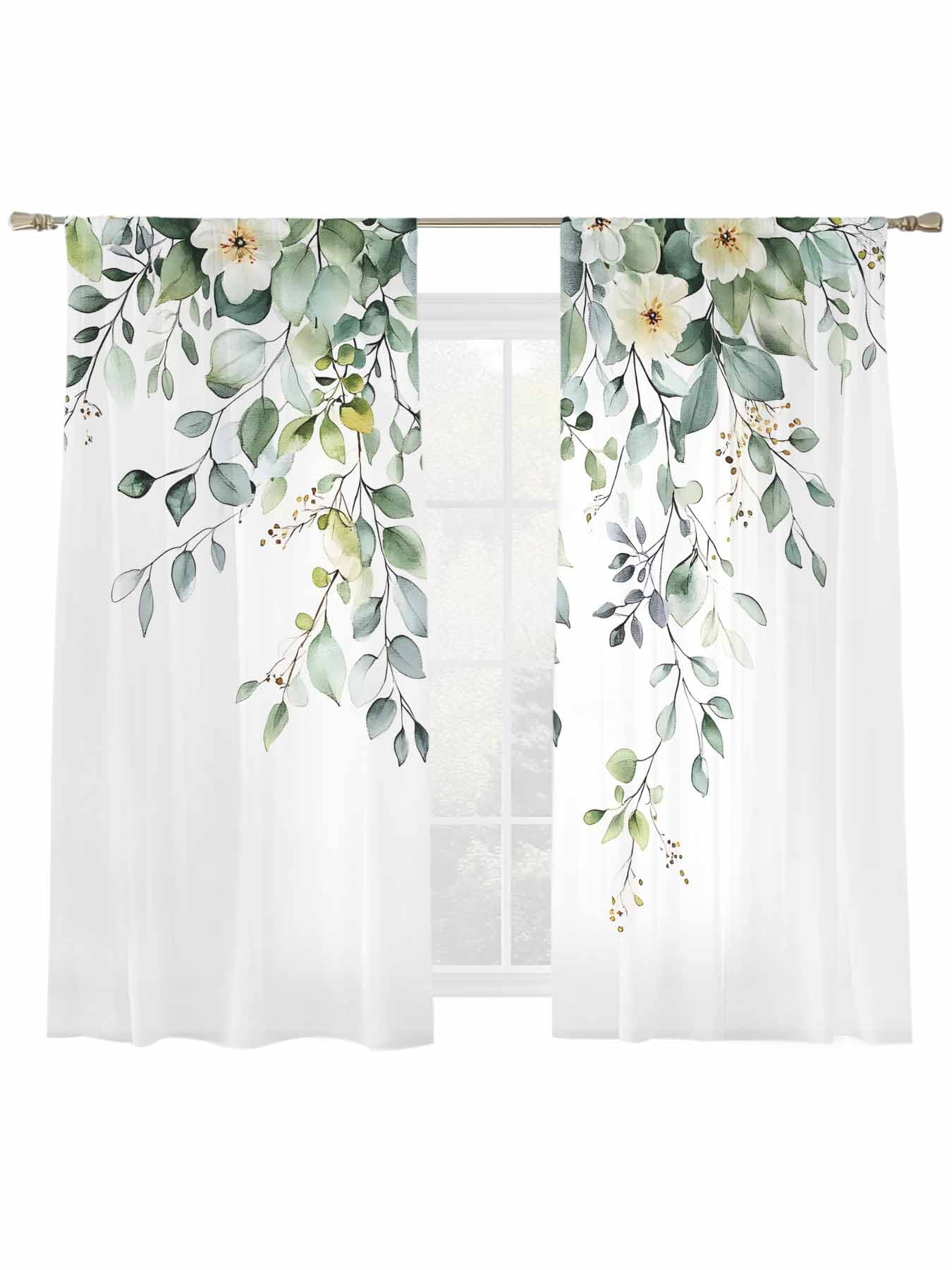 Summer Leaves Plant Sheer Curtains 72 Inch Long 2 Panels, Green ...