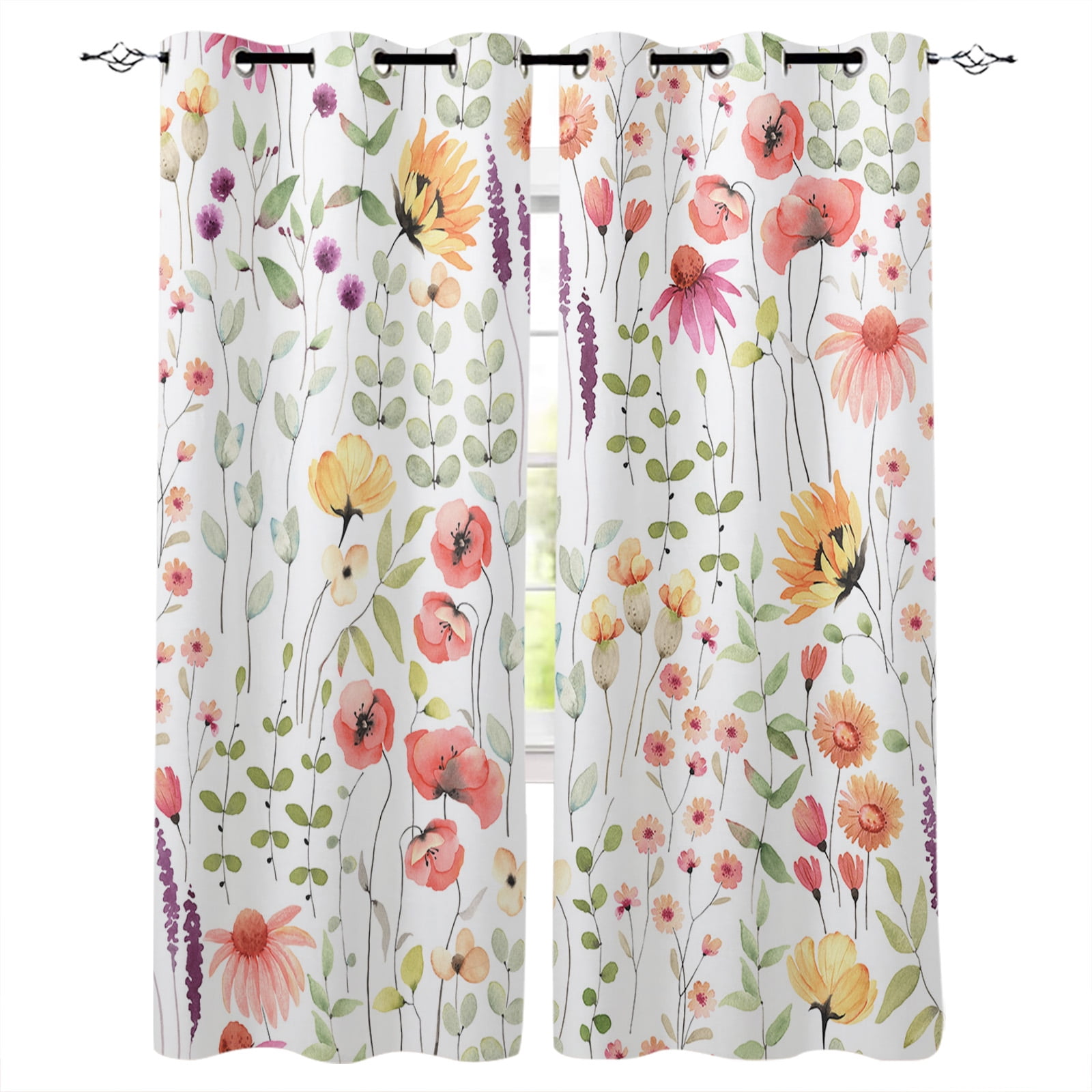 Summer Leaves Watercolor Curtains for Living Room Window Panels Bedroom ...