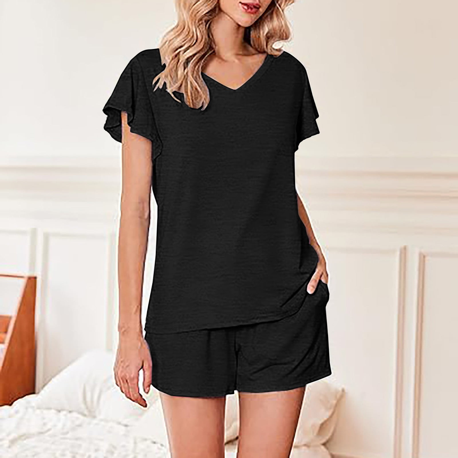 Summer Leisure V Neck Ruffle Sleeve Short Set Women's Pajamas Swimsuit ...