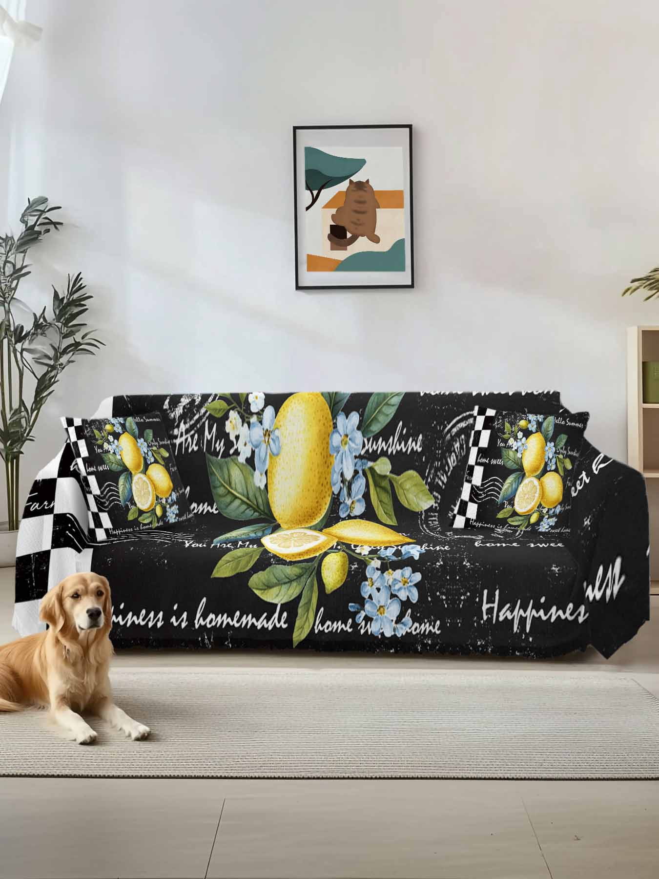 Summer Lemon Couch Cover for 2 Cushion Sofa, Vintage Black Plaid Blue ...
