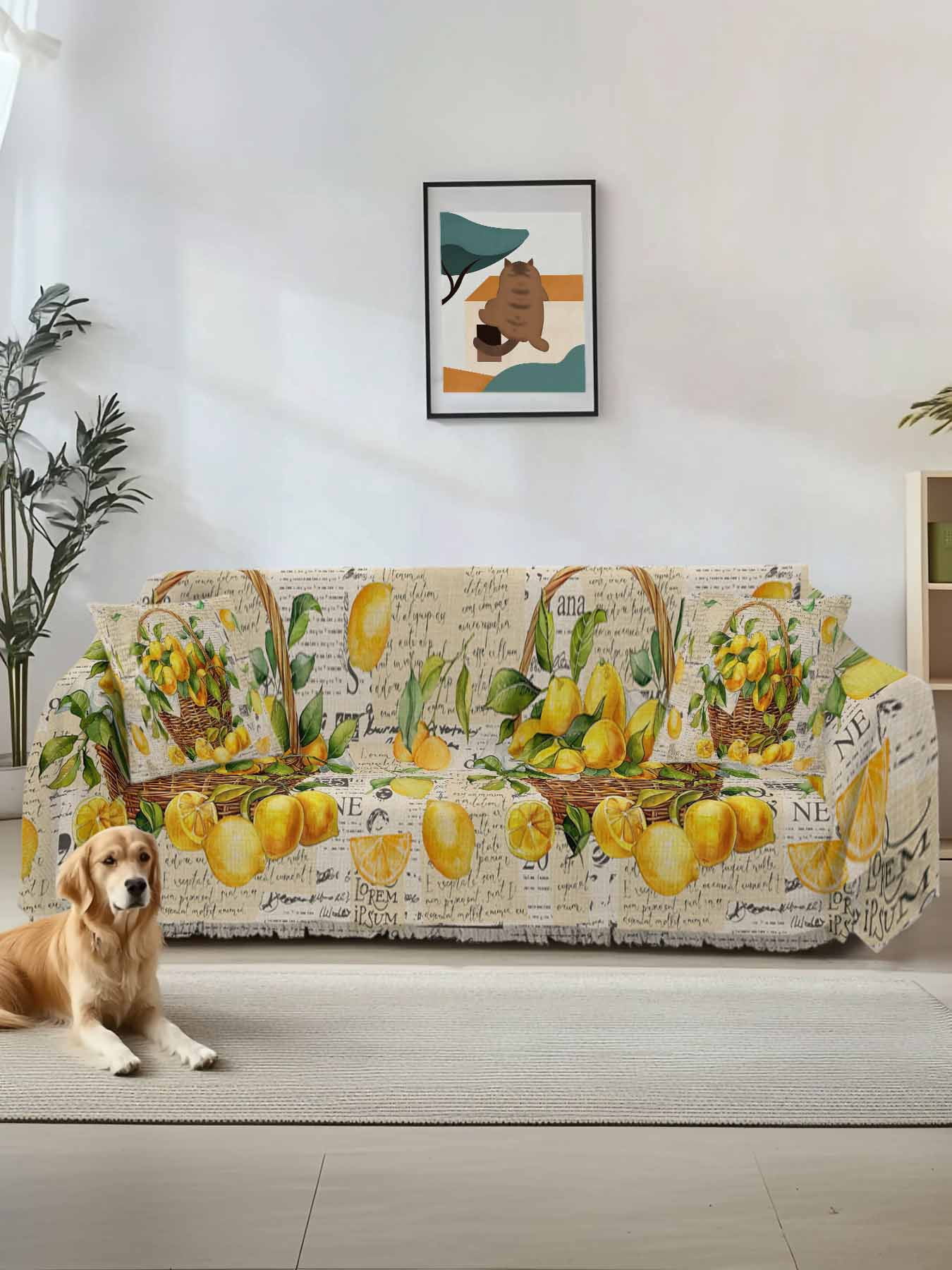 Summer Lemon Couch Cover for 2 Cushion Sofa, Watercolor Yellow Fruits ...