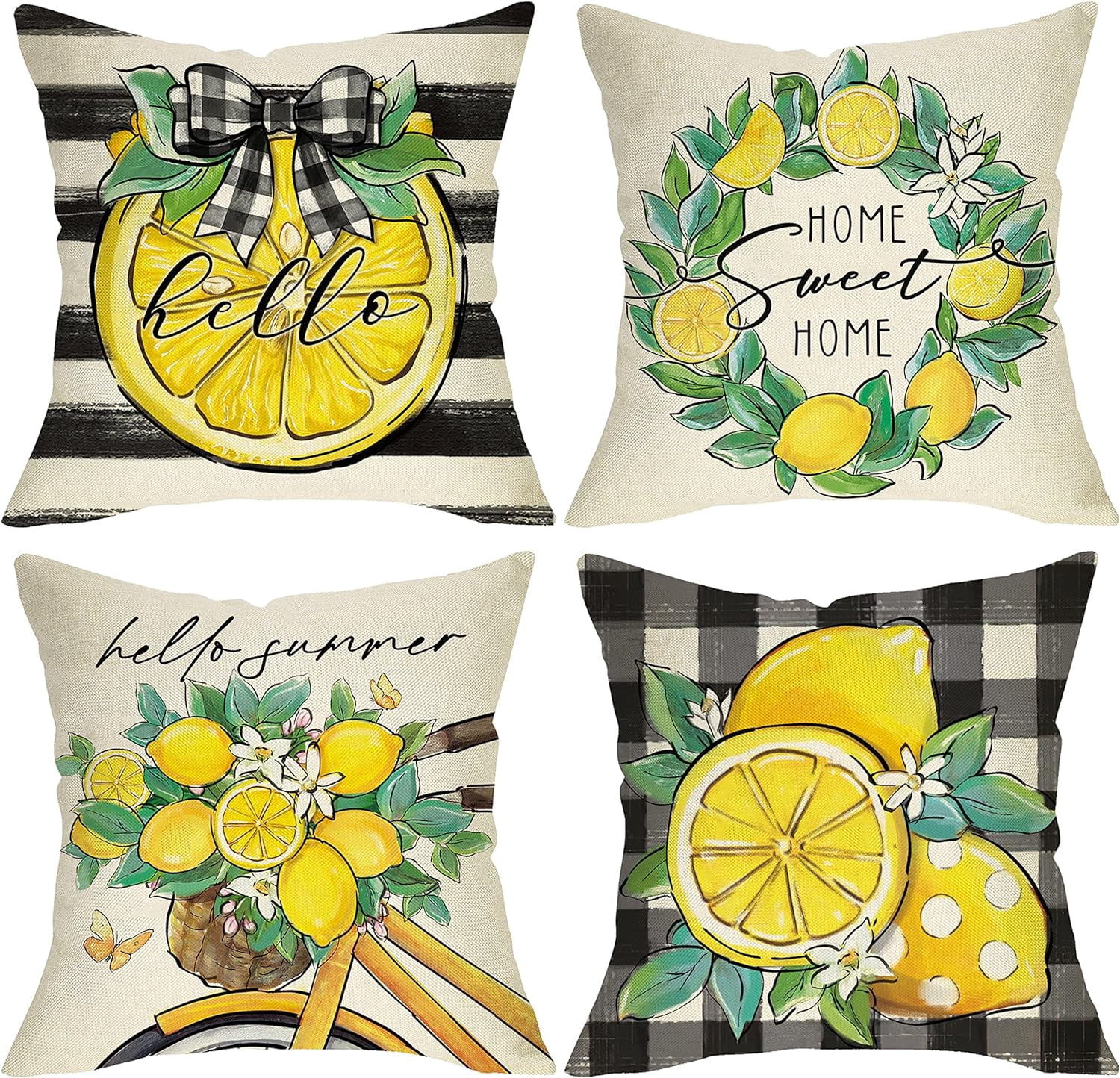 Summer Lemon Decorative Throw Pillow Cover 18 x 18 Set of 4, Bicycle ...