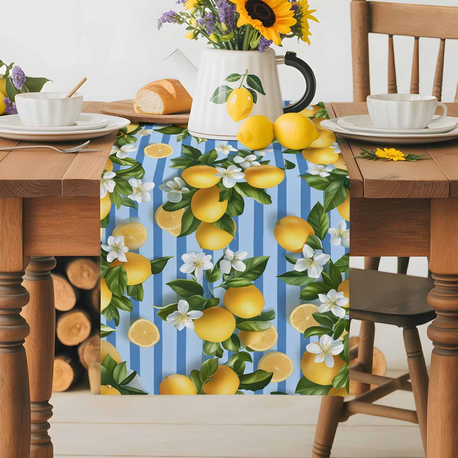 Summer Lemon Flower Leaf Watercolor Table Runners 13x36 Inches Long ...