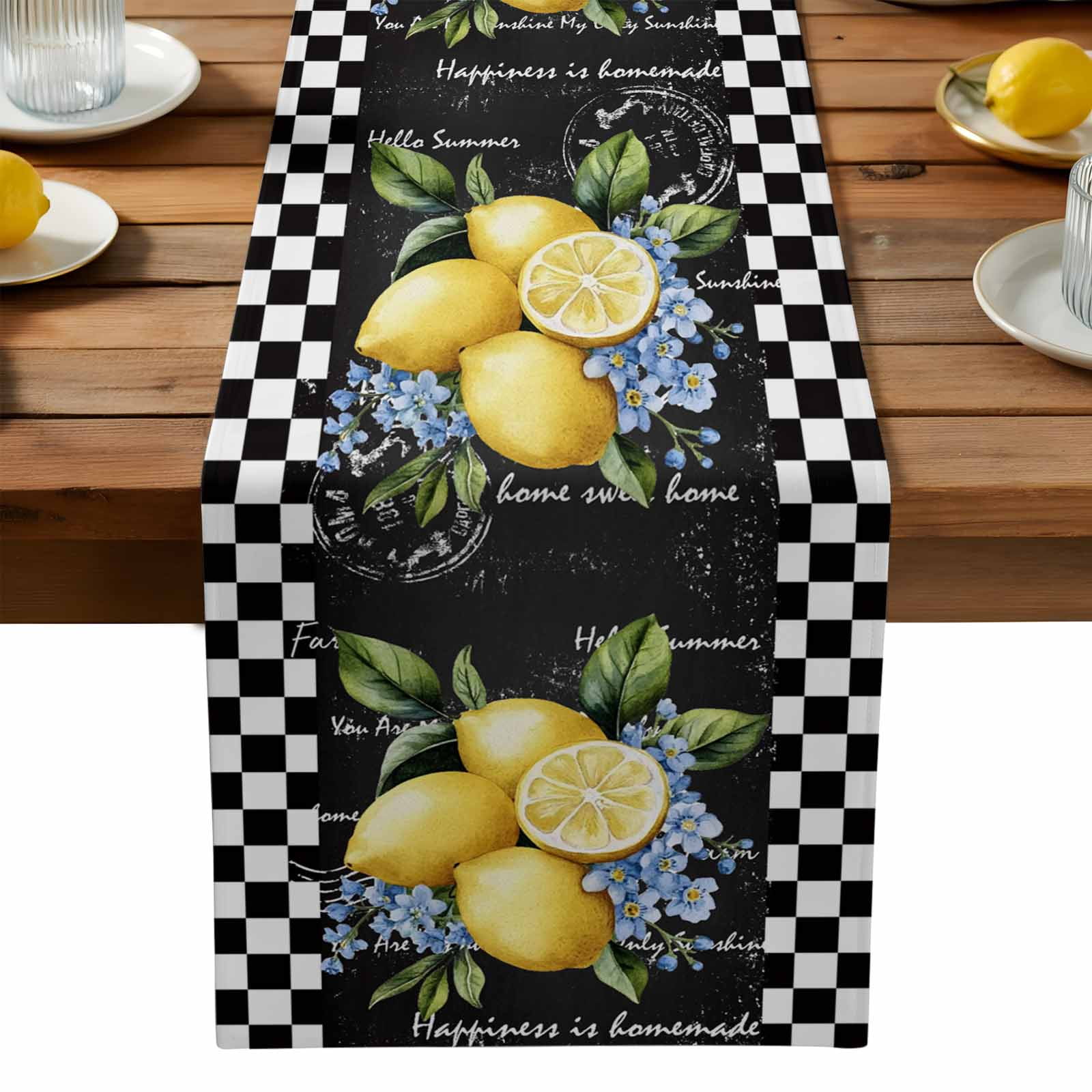 Summer Lemon Flower Leaves Table Runners 13x90 Inches Long Linen Burlap ...