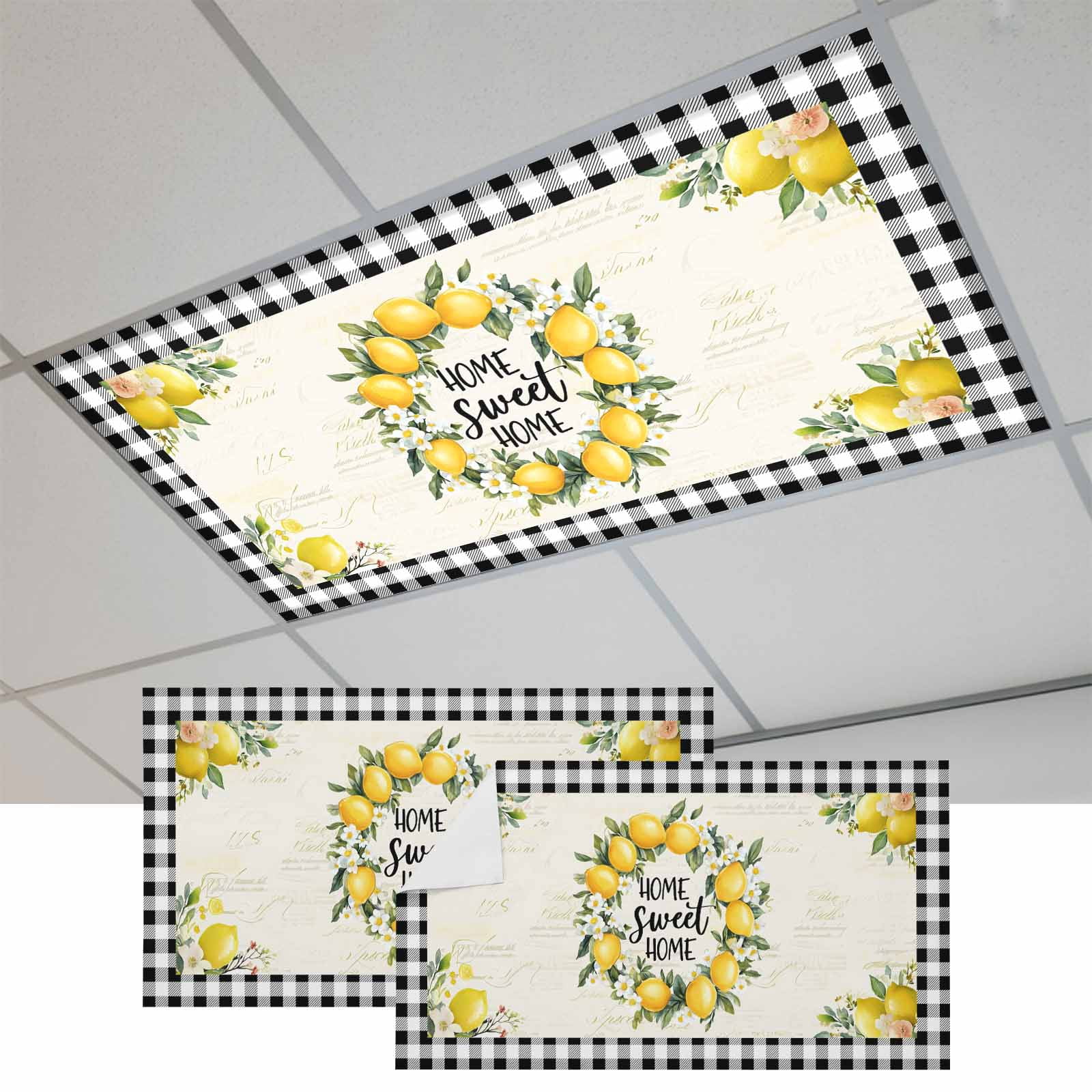 Summer Lemon Fluorescent Light Covers, Yellow Botanical Checkered ...