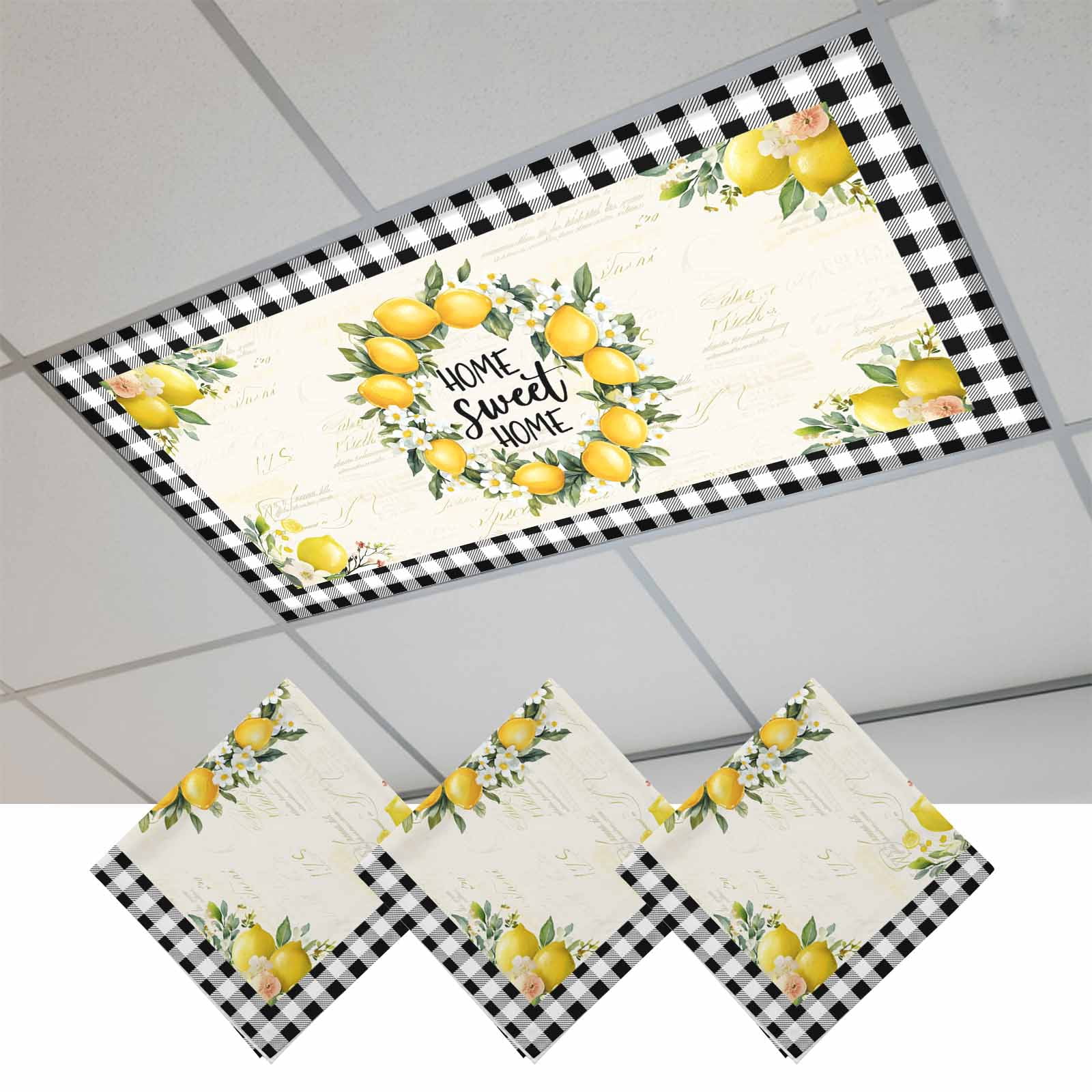 Summer Lemon Fluorescent Light Covers, Yellow Botanical Checkered ...