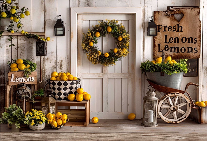 Summer Lemon Fruit Barn Door Kids Birthday Party Cake Smash Portrait r ...