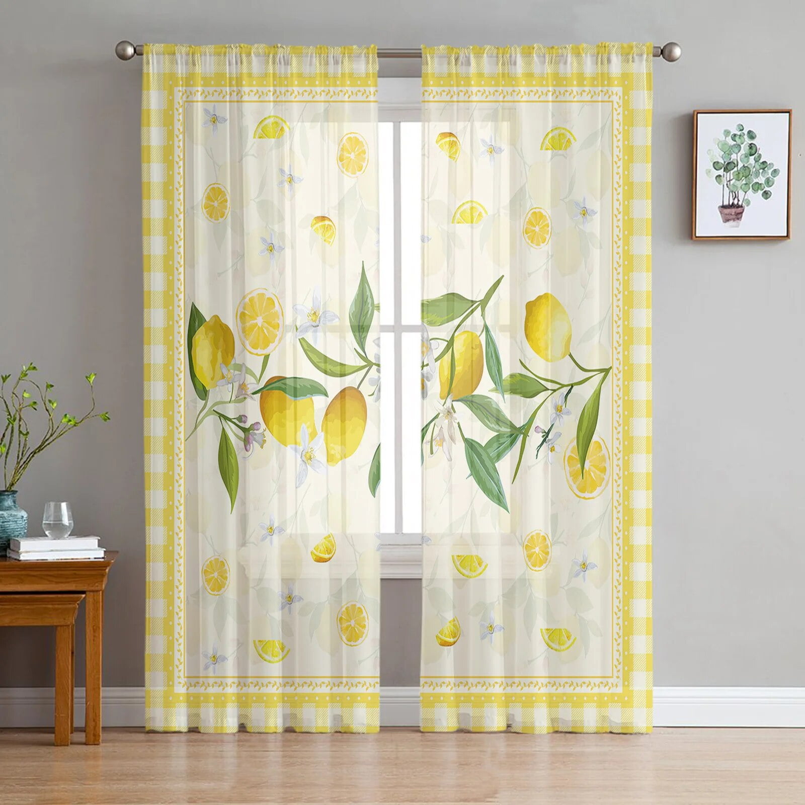 Summer Lemon Fruit Plaid Tulle Curtains For Living Room Kitchen ...