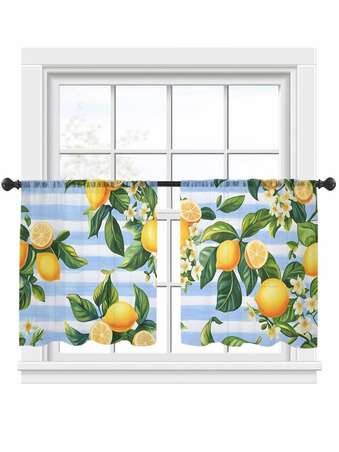 Summer Lemon Fruit Sheer Curtains 2 Panels Set White Flowers Blue ...