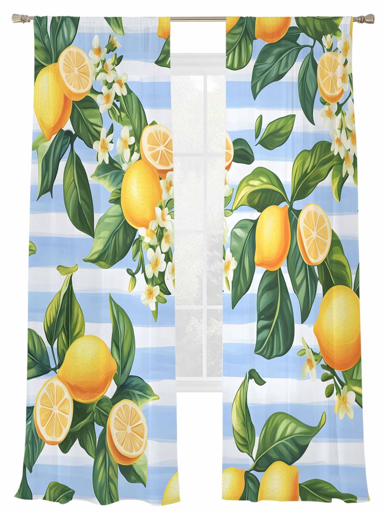 Summer Lemon Fruit Sheer Curtains 2 Panels Set White Flowers Blue ...