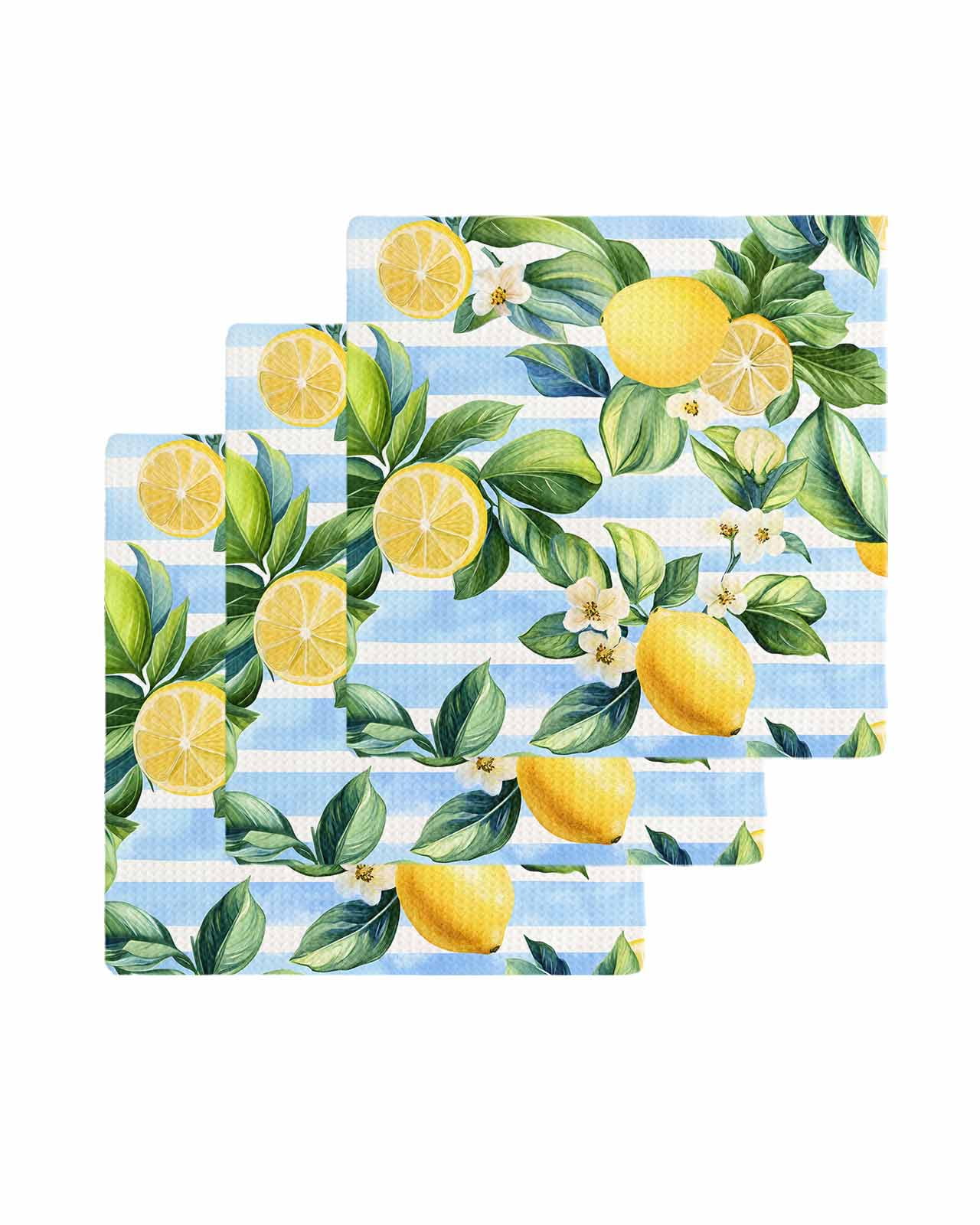 Summer Lemon Kitchen Dish Towels for Drying Dishes Set of 3, Watercolor Rustic Fruit Blue ...