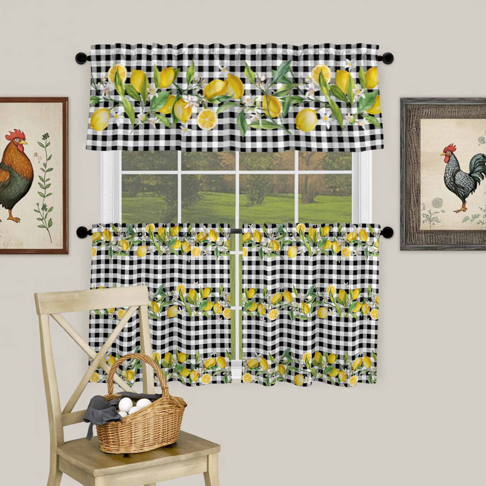 Summer Lemon Leaf Black Buffalo Plaid Curtain Tier and Valance Set 3 ...