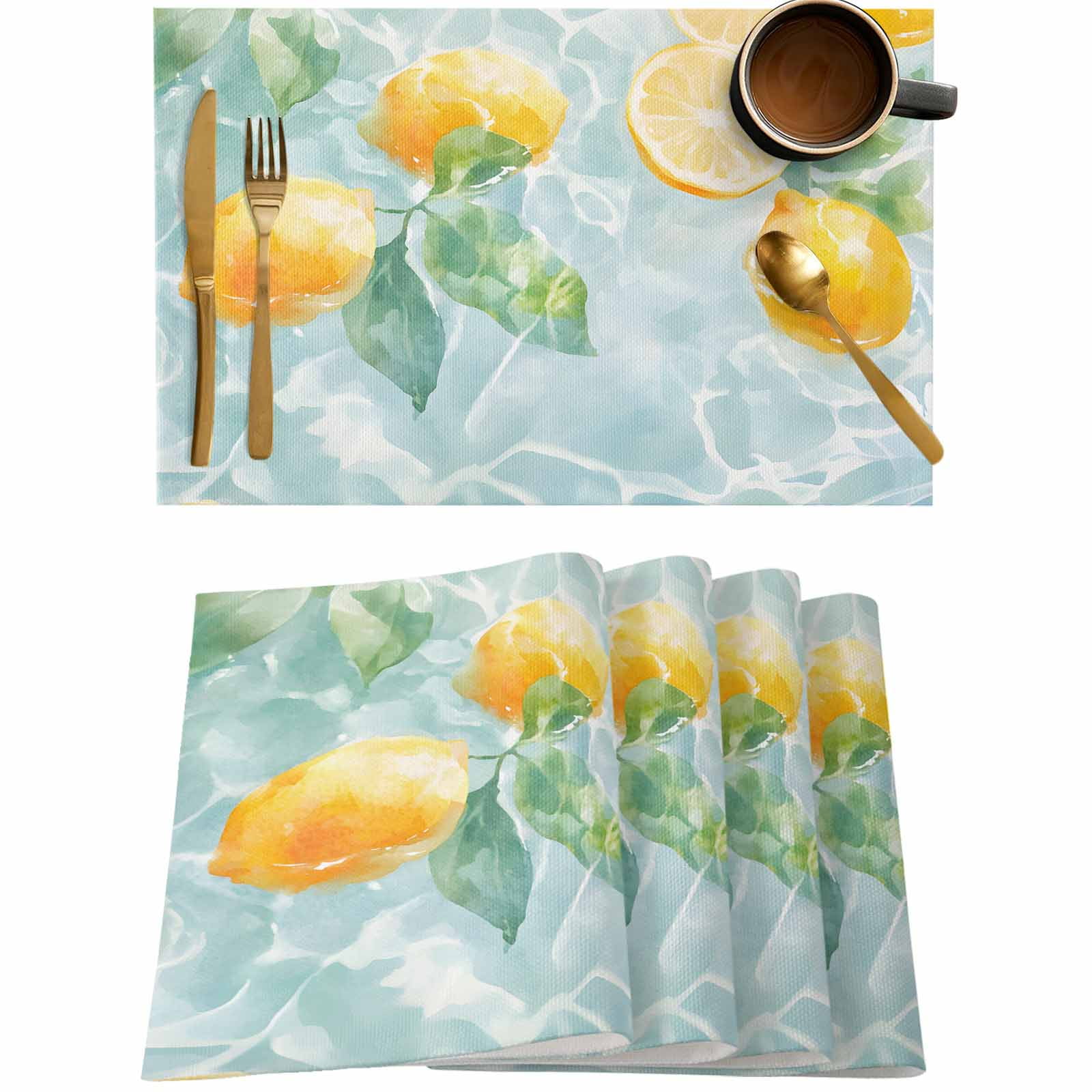 Summer Lemon Leaves Watercolor Placemats Set of 4,Wipeable Washable ...