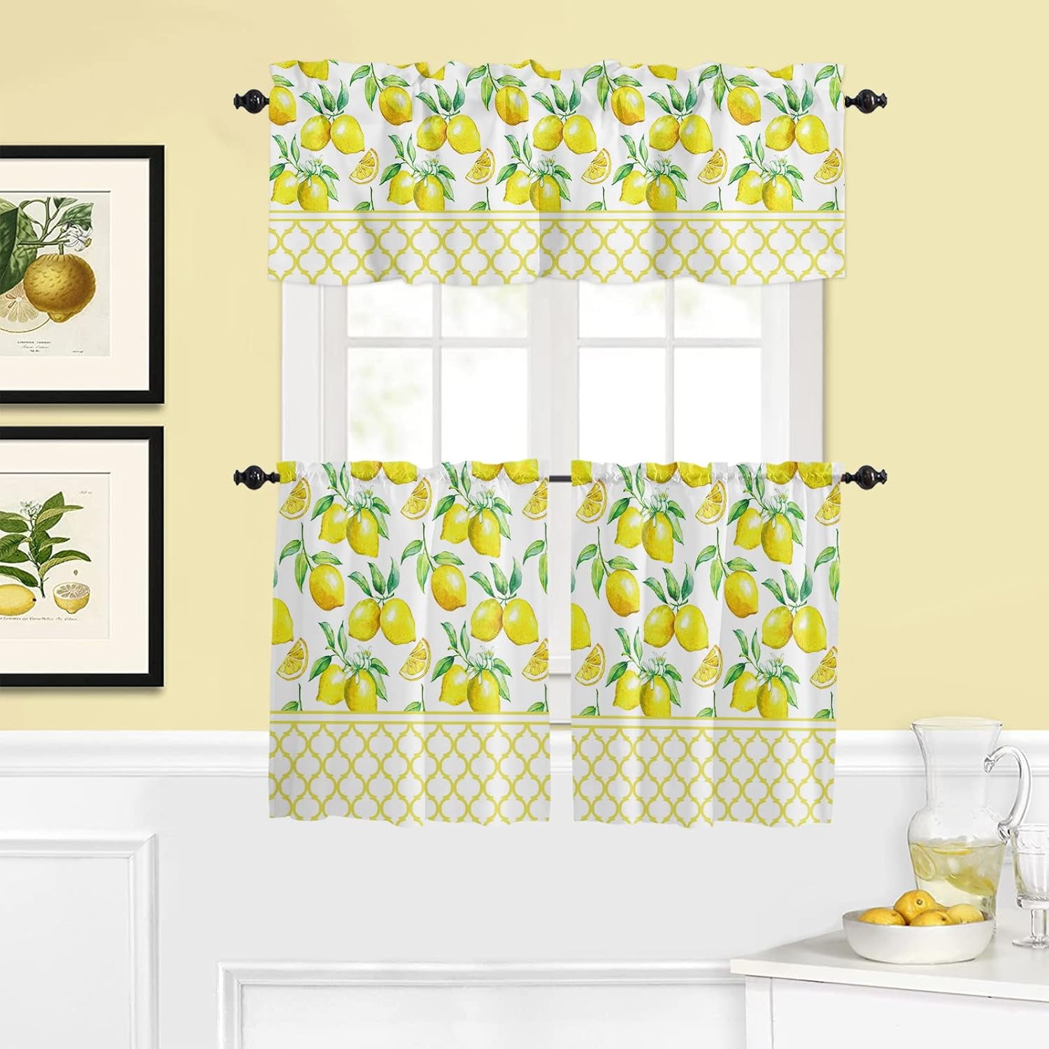 Summer Lemon Moroccan Plaid 3-Piece Kitchen Curtain Set, Rod Pocket ...