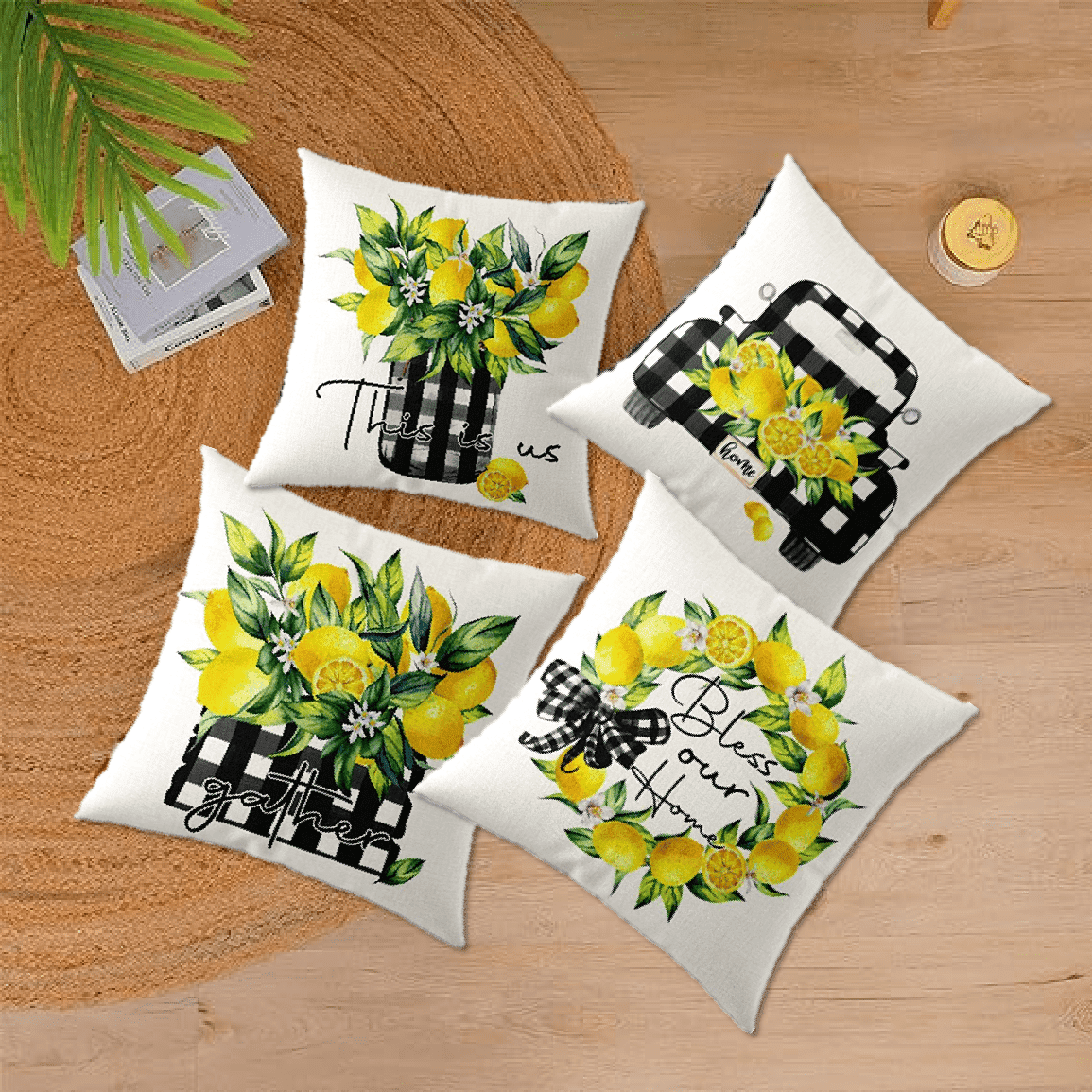 Summer Lemon Pillow Covers 18x18 Inch Black White Buffalo Plaids Truck ...