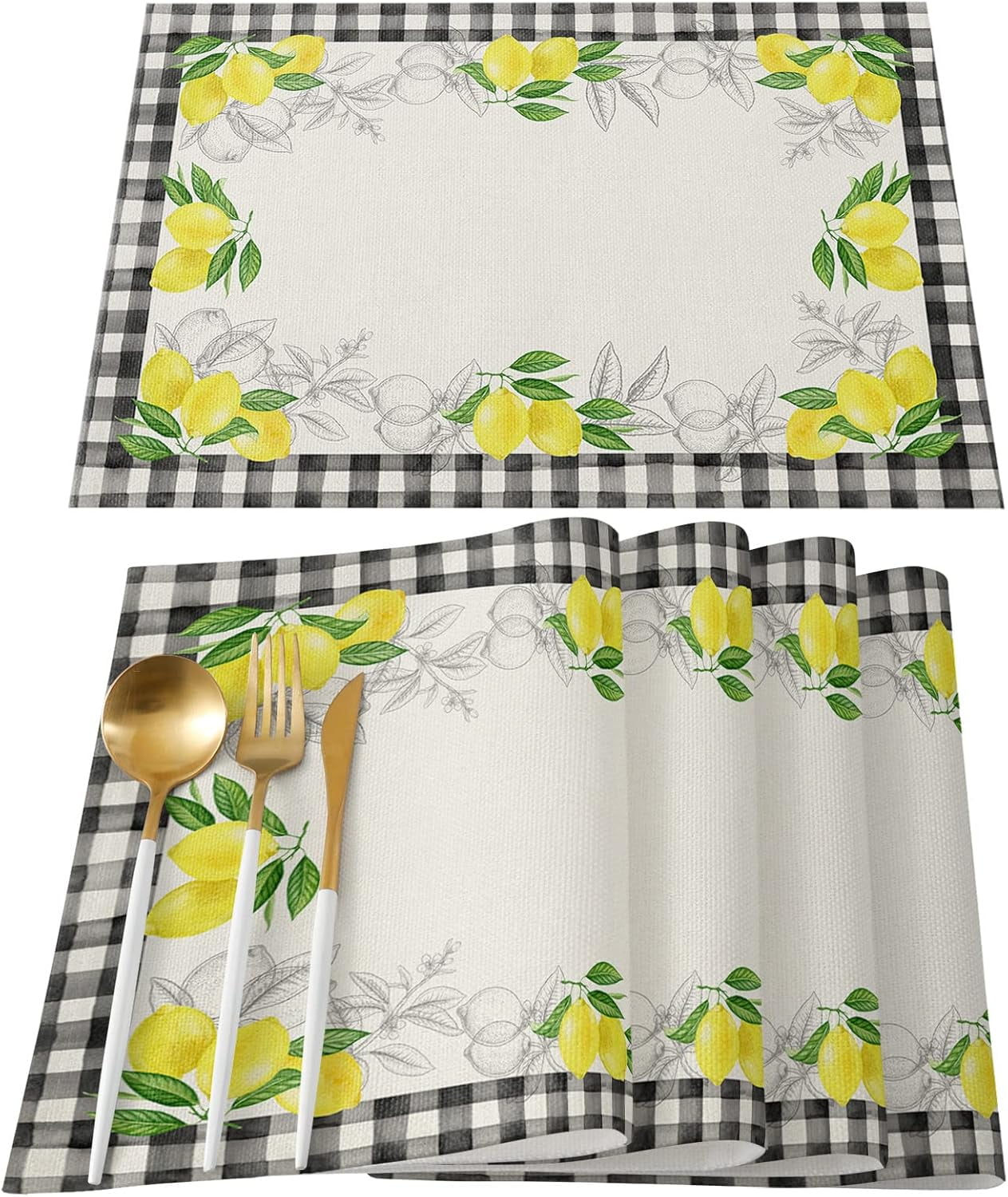 Summer Lemon Placemats Set of 4,Non Slip Washable Table Mats Set, Watercolor Fruit Lemon Green ...