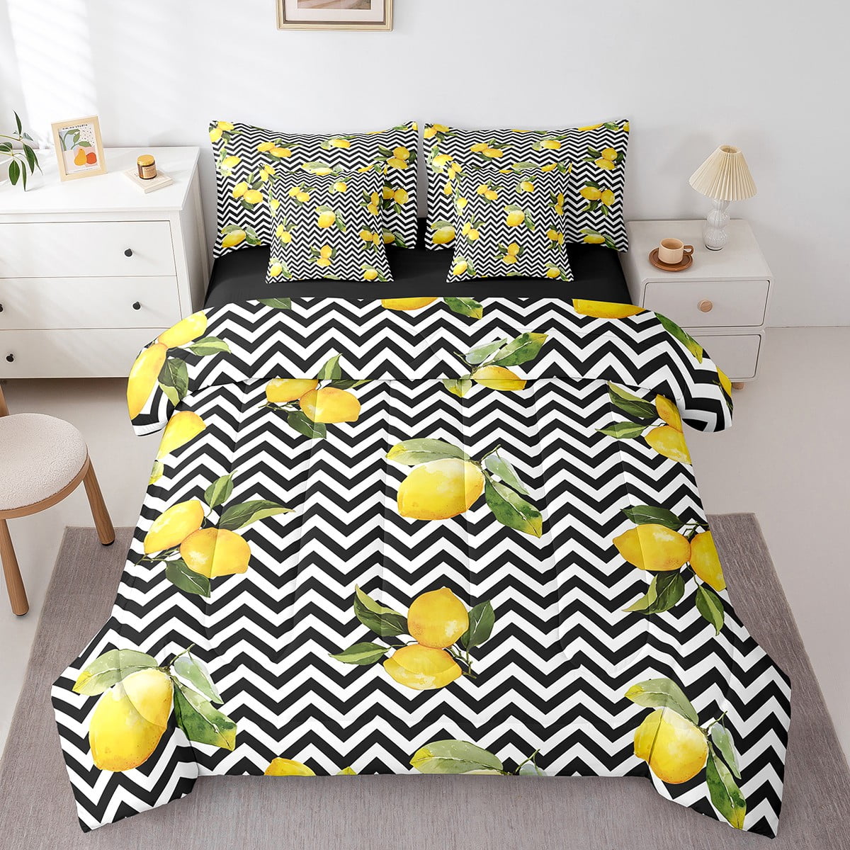Summer Lemon Queen Bed In A Bag 7 Piece Yellow Lemon Comforter Set With ...